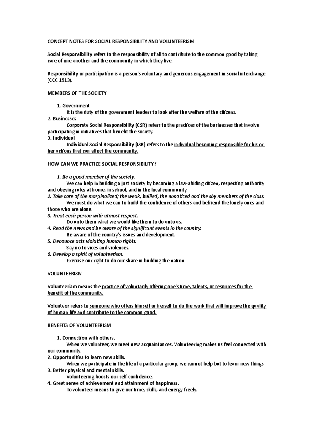 Concept Notes FOR Social Responsibility AND Volunteerism - CONCEPT ...