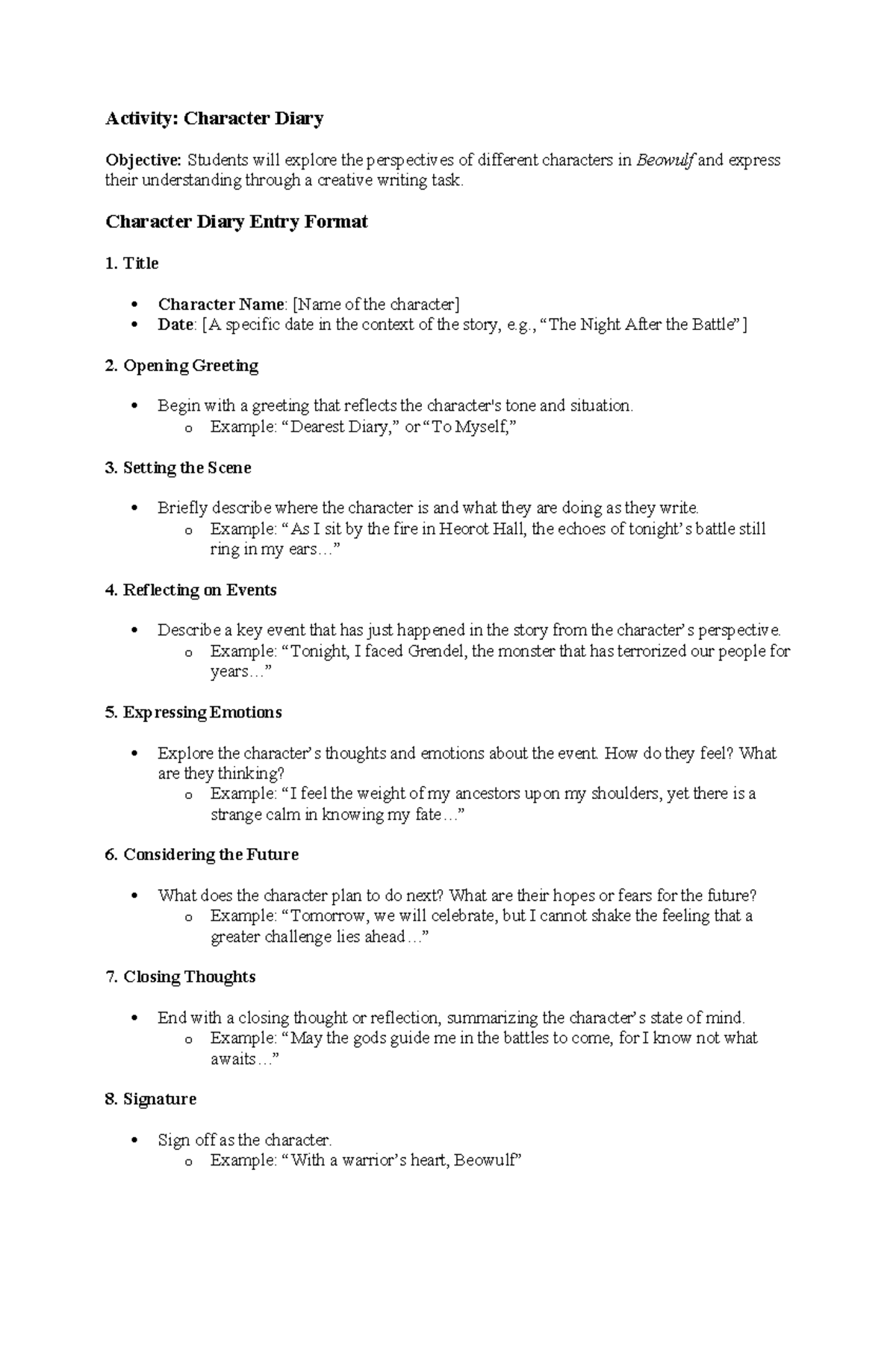 Character-Diary - Guidelines - Activity: Character Diary Objective ...