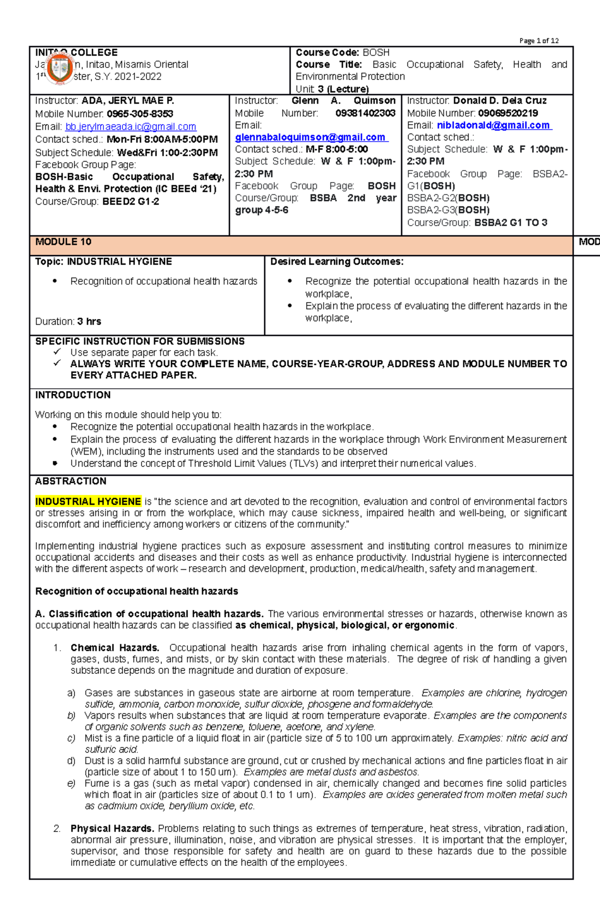 Module 10 11 12 BOSH - handouts - INITAO COLLEGE Jampason, Initao ...