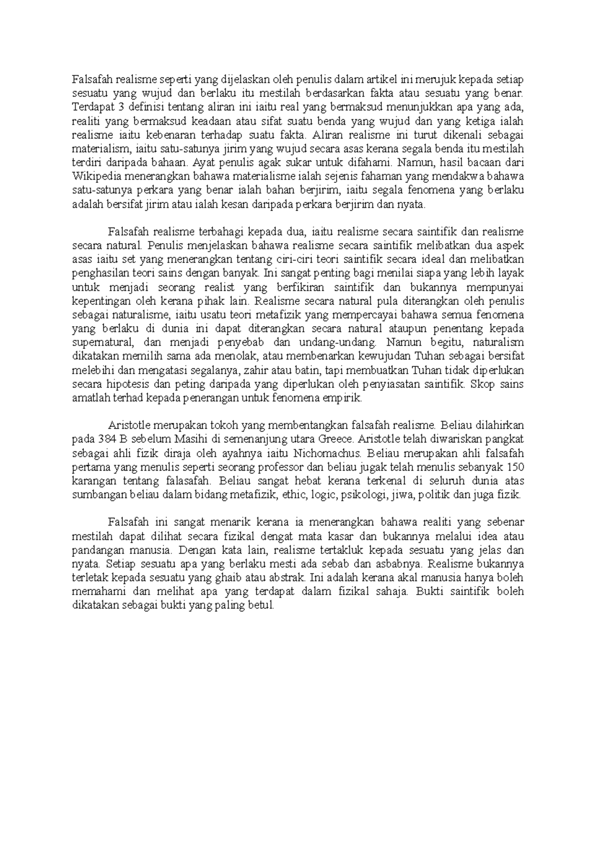 Falsafah realisme seperti yang dijelaskan oleh penulis dalam artikel ...