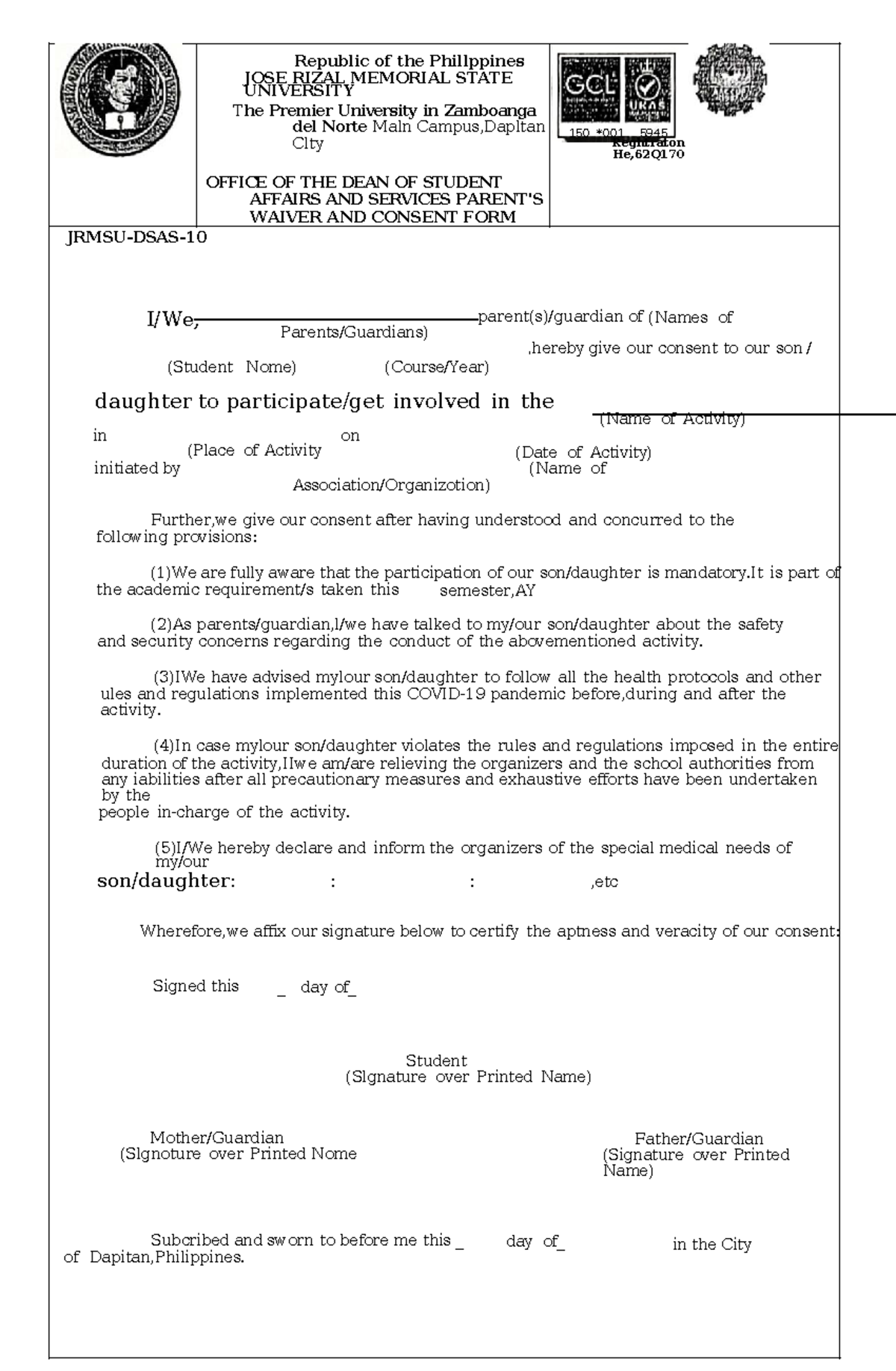 Parent-Waiver - Republic of the Phillppines JOSE RIZAL MEMORIAL STATE ...