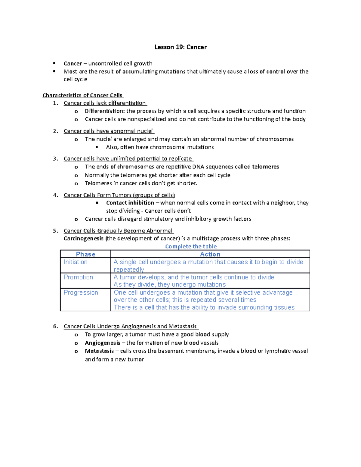 Lesson 19 notes - none - Lesson 19: Cancer Cancer – uncontrolled cell ...