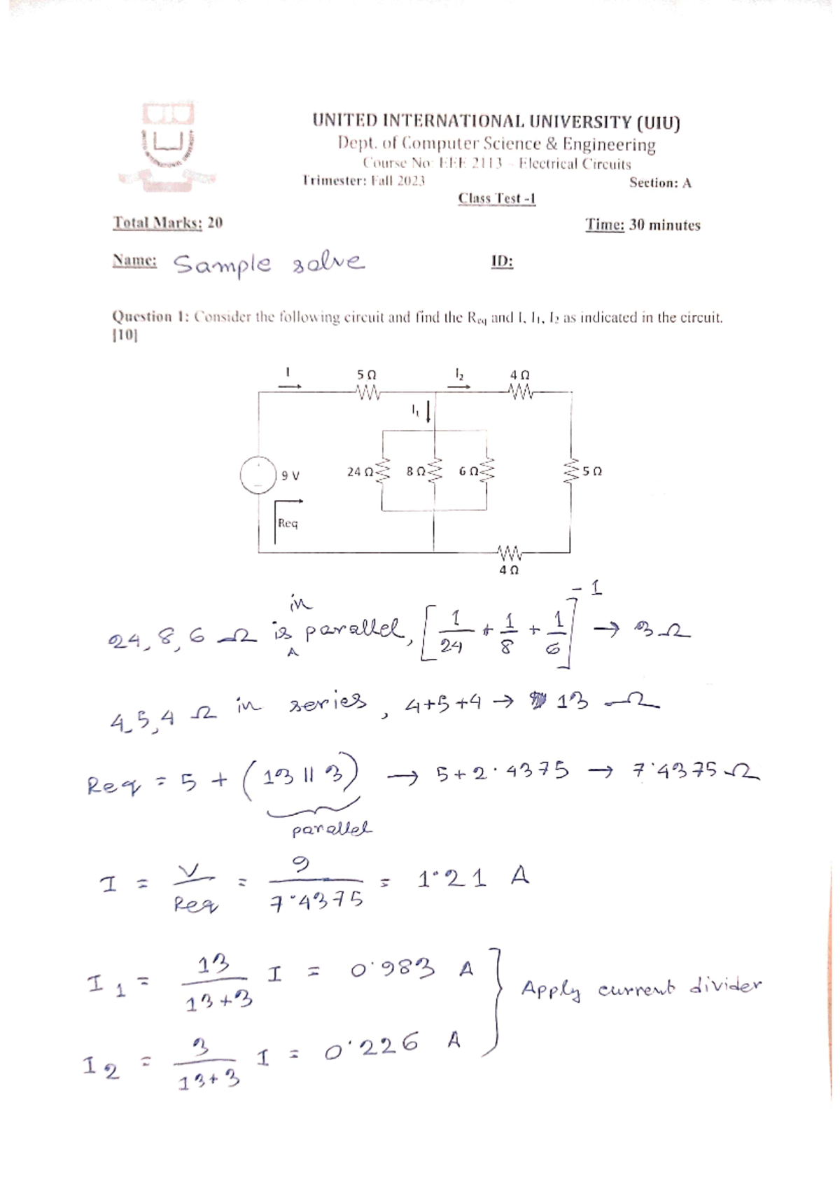 Sample Solve CT 1 - Electrical Circuit - Studocu