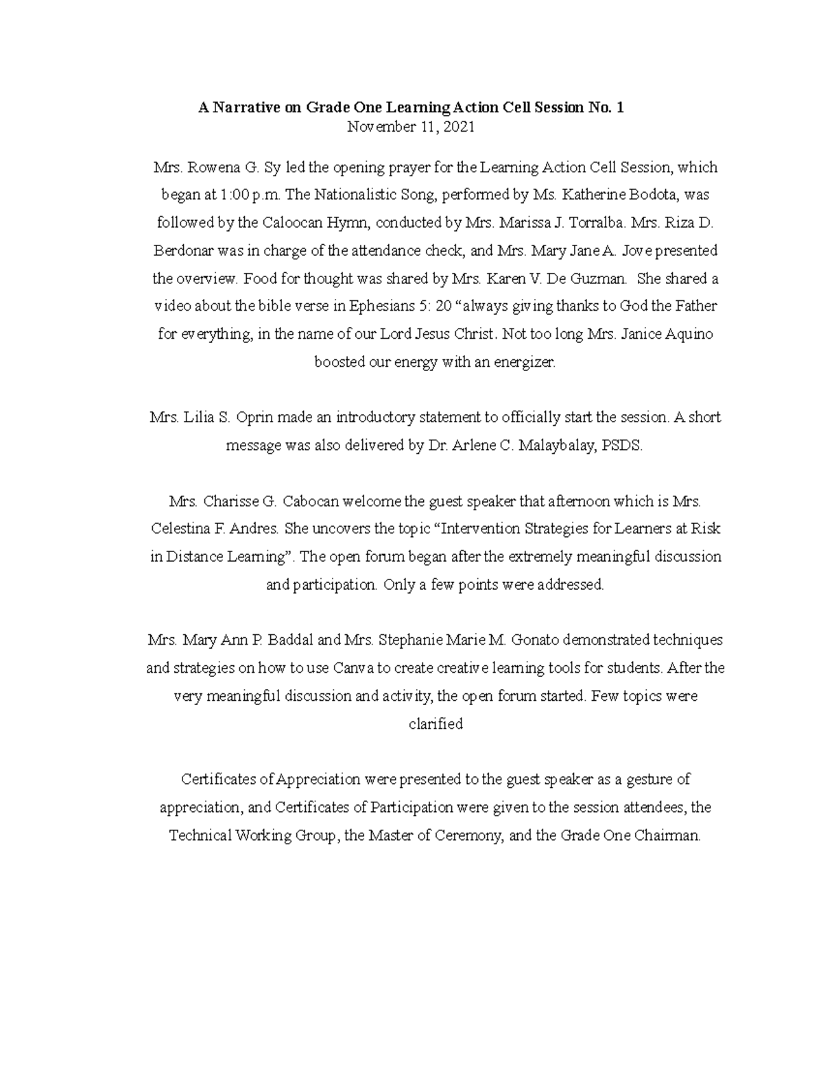 A Narrative on Grade One Learning Action Cell Session No 1 - 1 November ...