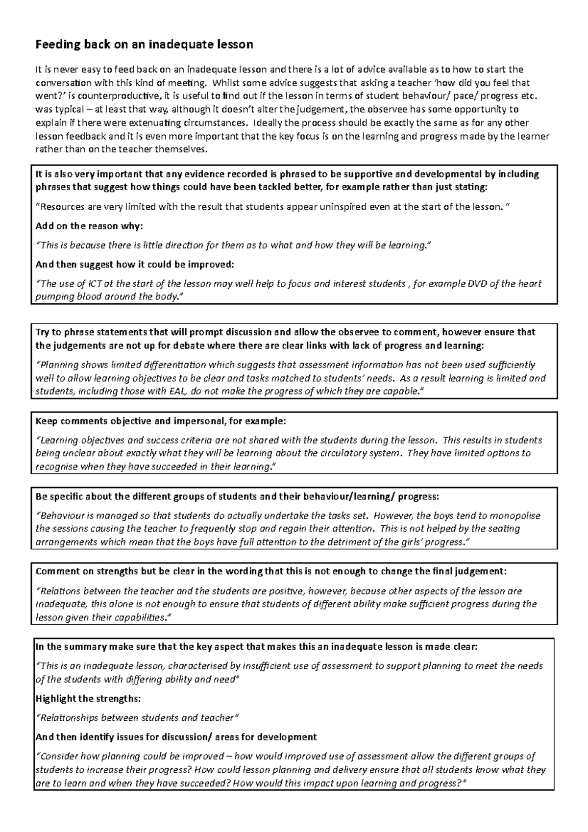 Feeding back on an unsatisfactory lesson - Feeding back on an ...