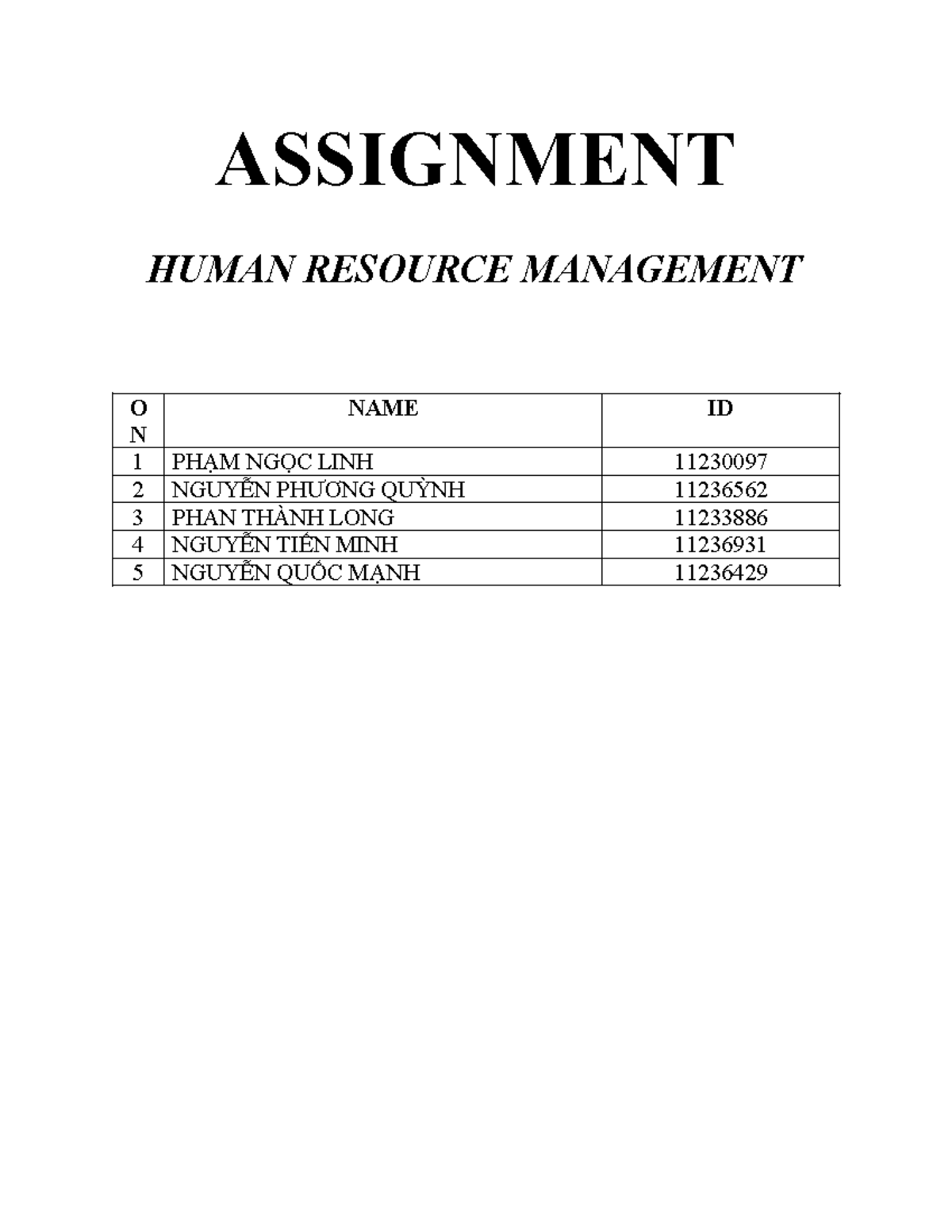 Assignment HRM - HRM - ASSIGNMENT HUMAN RESOURCE MANAGEMENT O N NAME ID 1 PHẠM NGỌC LINH ...