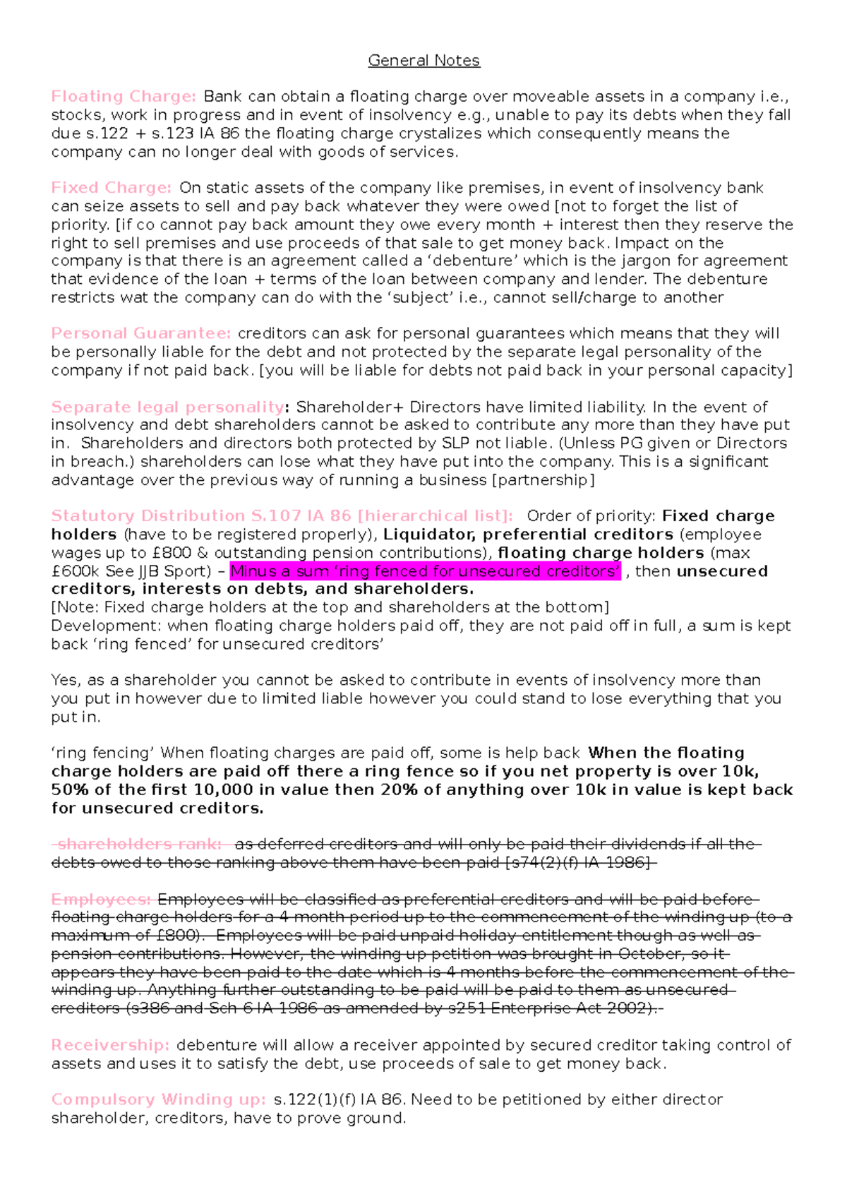 Liquidation Exam notes - General Notes Floating Charge: Bank can obtain ...