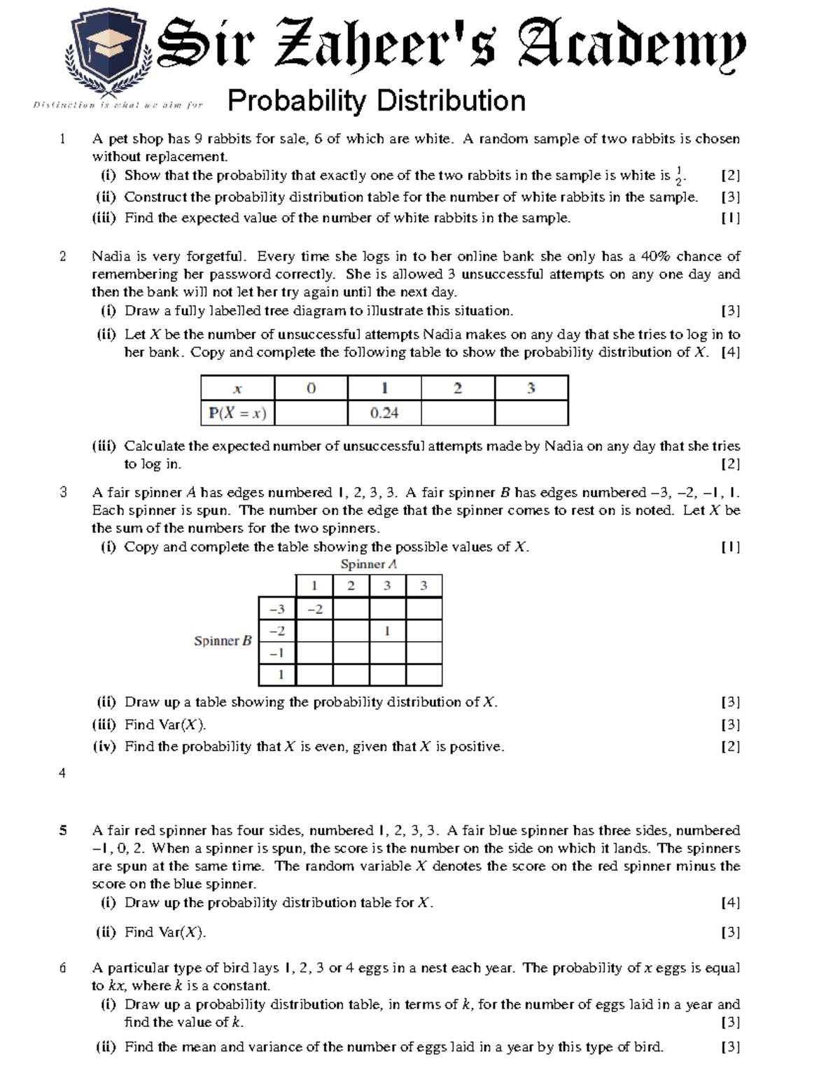 Probability Distribution - [4] (ii) Calculate the expected score. [2] 7 ...