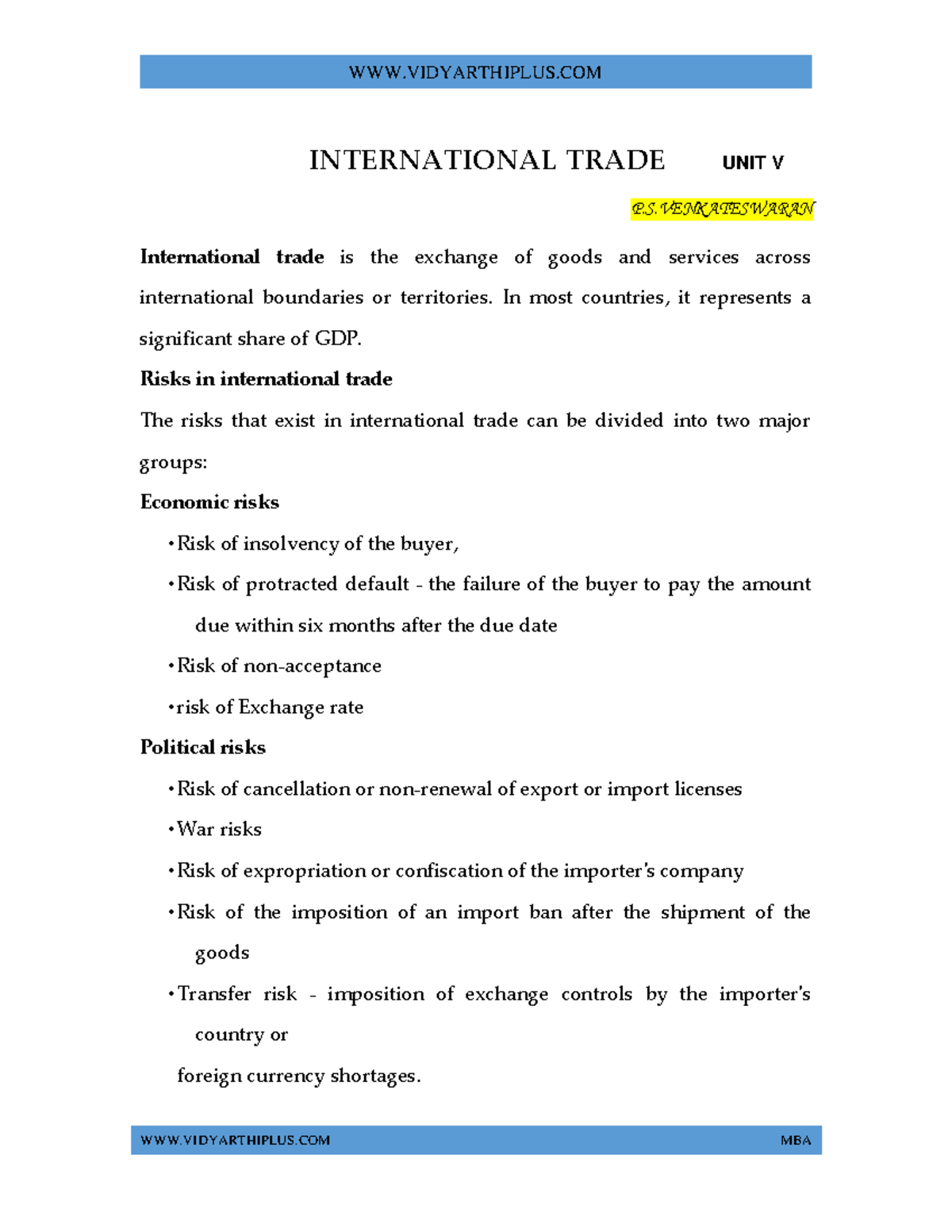UNIT V - Notes - INTERNATIONAL TRADE UNIT V P.S International trade is ...