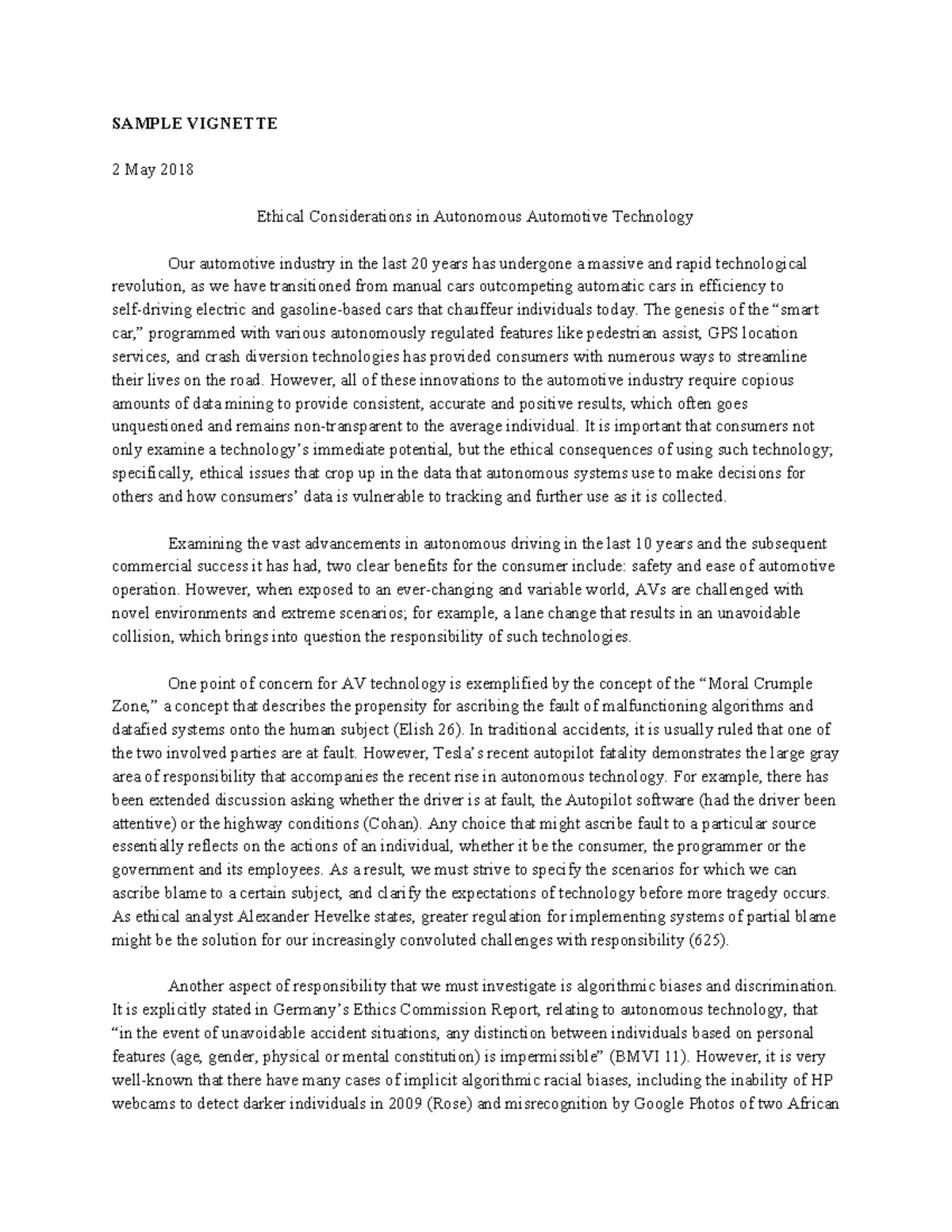 Sample Vignette 2 - SAMPLE VIGNETTE 2 May 2018 Ethical Considerations ...