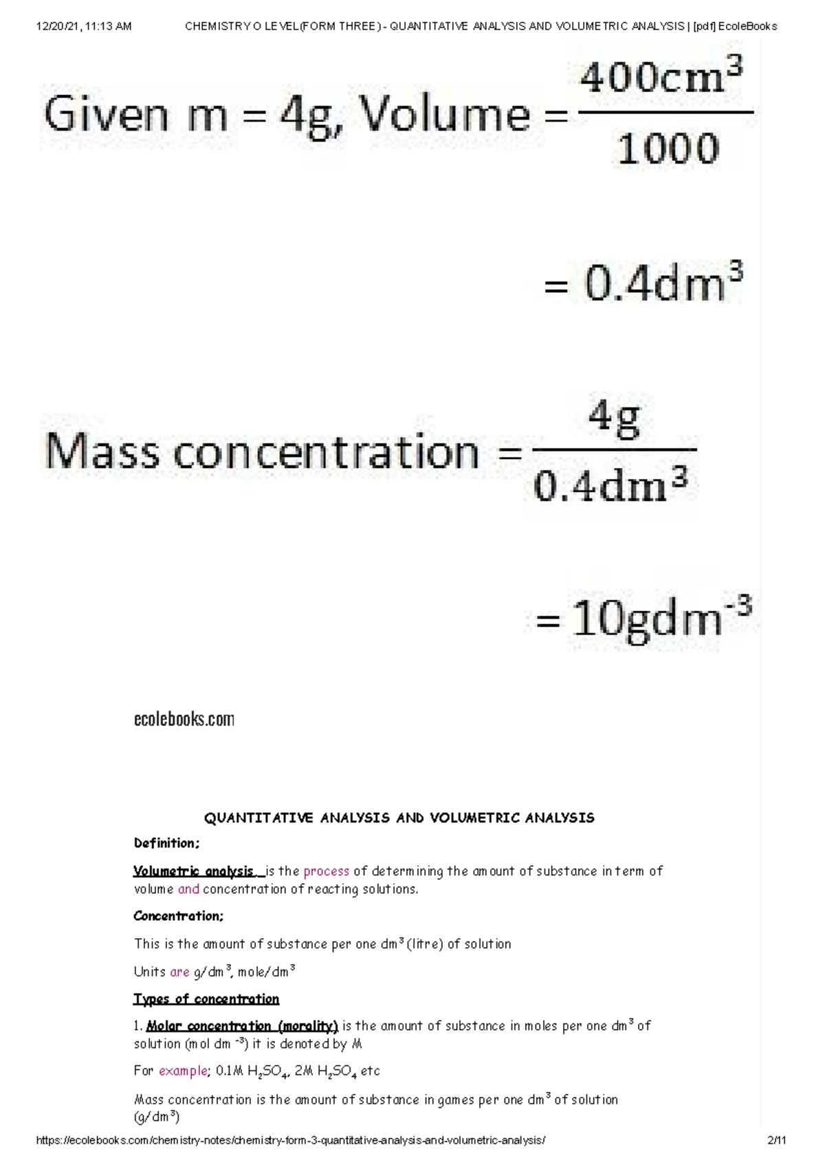 Chemistry O Level(FORM Three) - Quantitative Analysis AND Volumetric ...