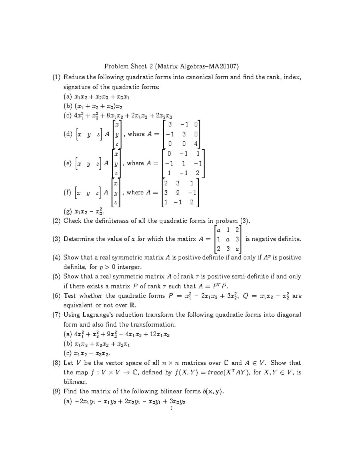 Matrix Algebra Problem Sheet 2 - Problem Sheet 2 (Matrix Algebras ...
