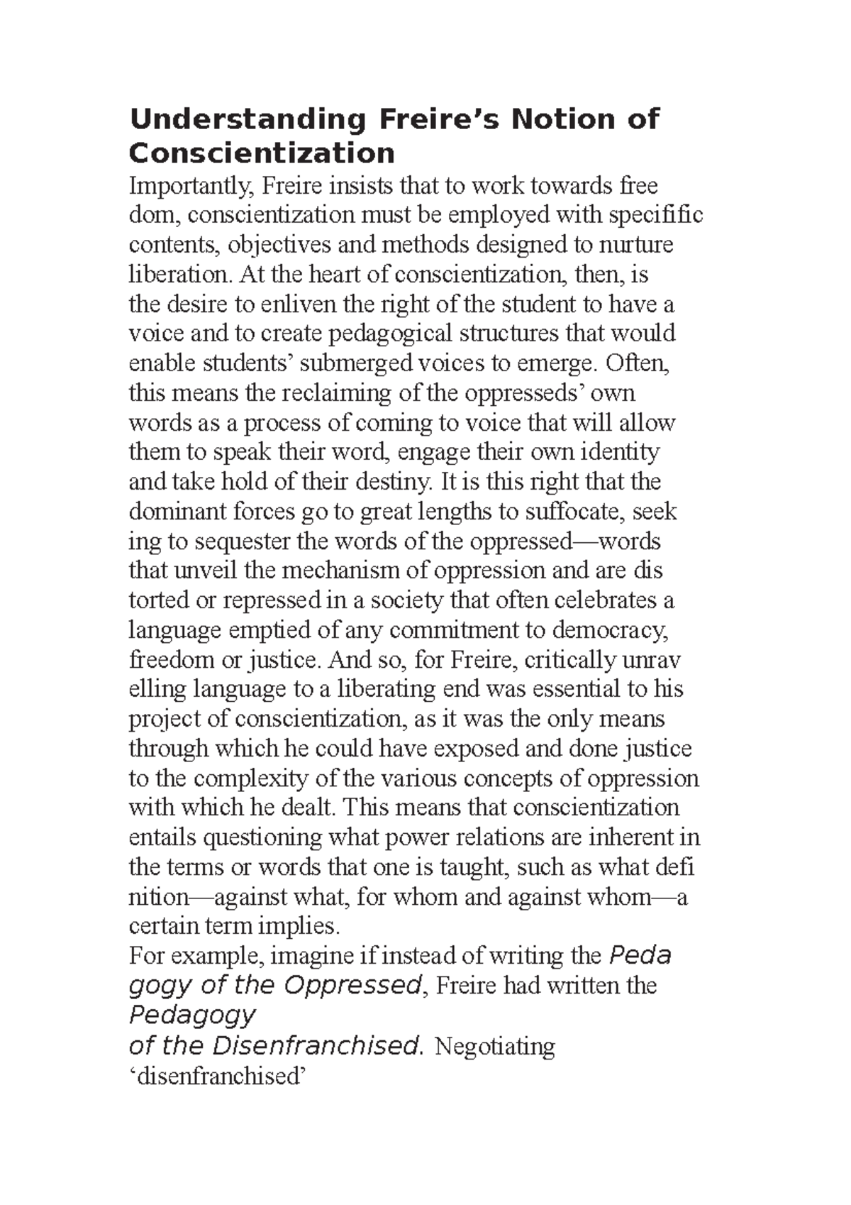 Understanding Freire’s Notion of Conscientization - Understanding ...