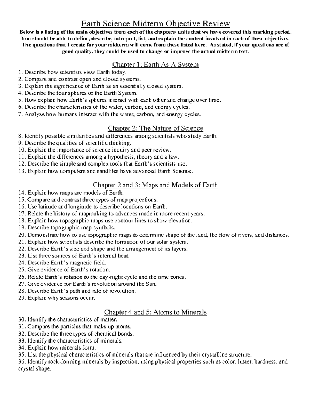 Earth Science Final Study Guide - Below is a listing of the main ...