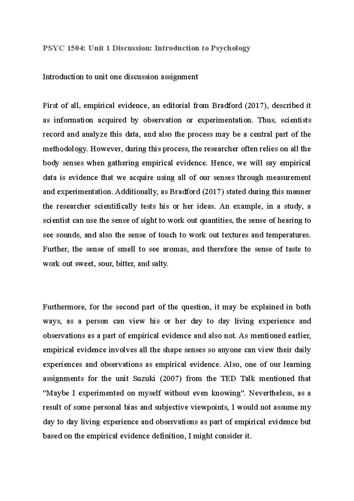 PSYC 1504 UNIT 1 DF Assignment Number 15 - PSYC 1504: Unit 1 Discussion: Introduction to ...