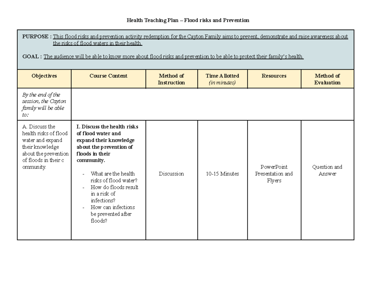 HTP Table - Flood risk prevention - Health Teaching Plan – Flood risks ...