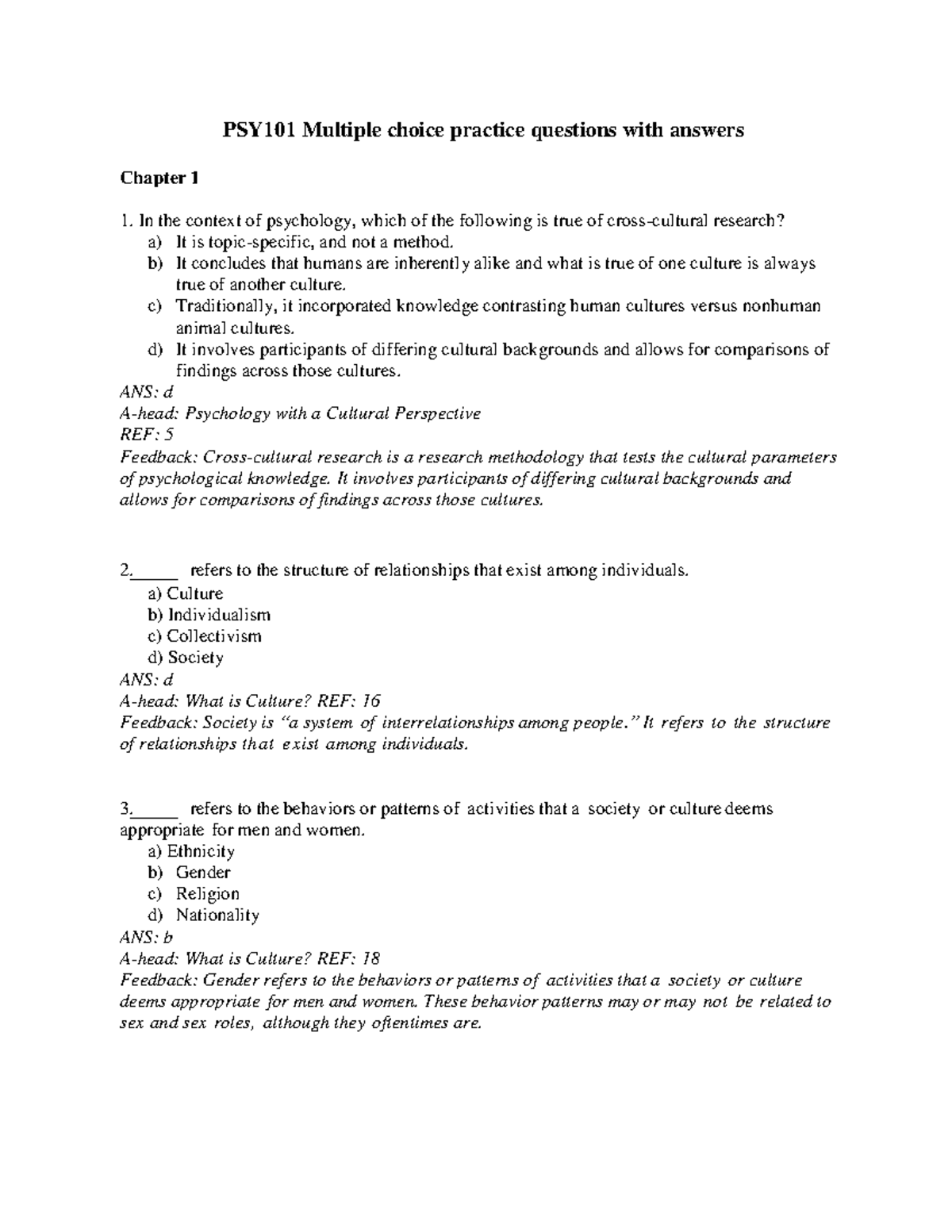 Sample/practice exam 2017, questions and answers - PSY101 Multiple choice practice questions ...
