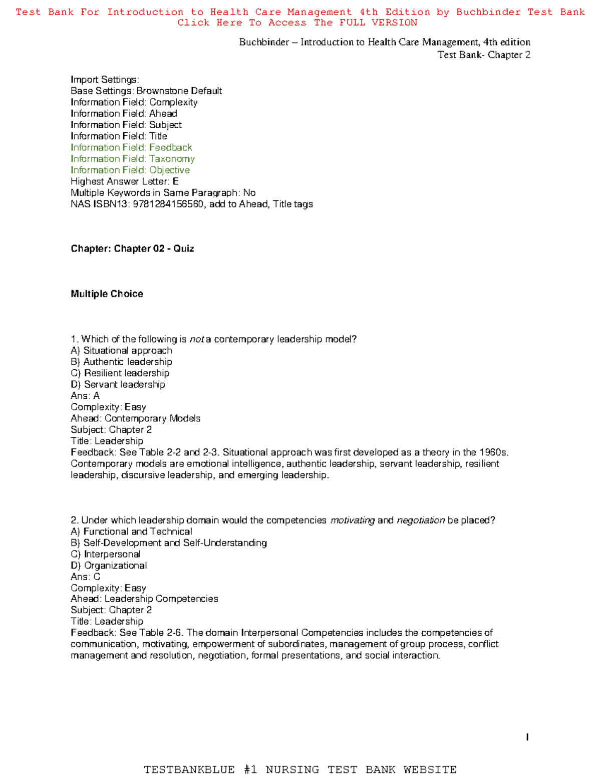 Test Bank for Introduction to Health Care Management 4th Edition by ...