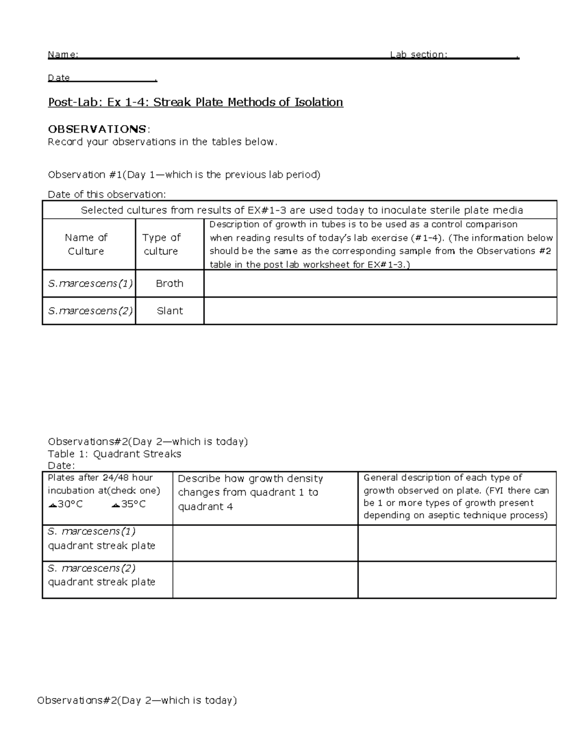 Post Lab Ex#1-4 - Name: Lab section:. Date. Post-Lab: Ex 1-4: Streak ...