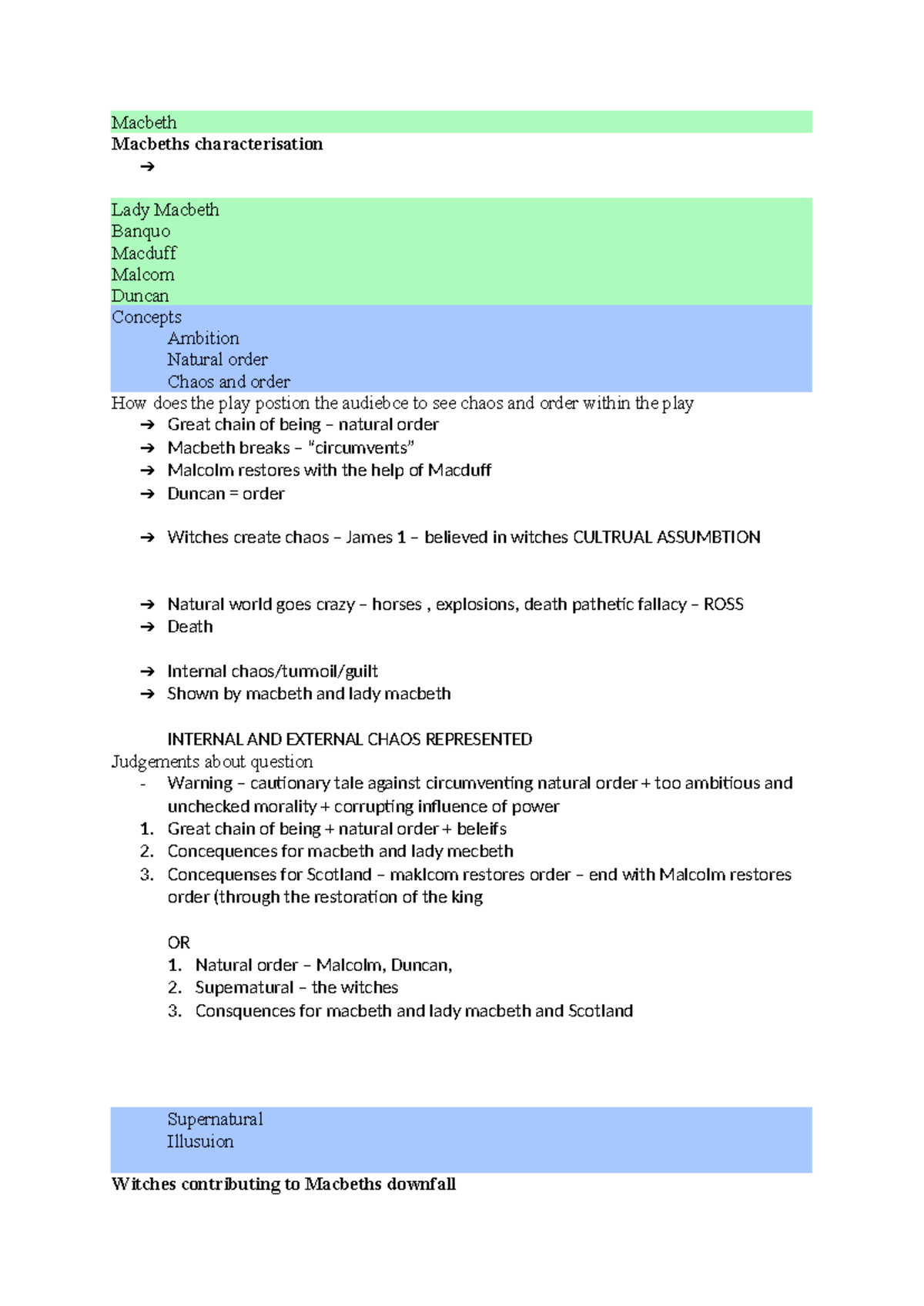 Macbeth Study notes - Macbeth Macbeths characterisation Lady Macbeth ...