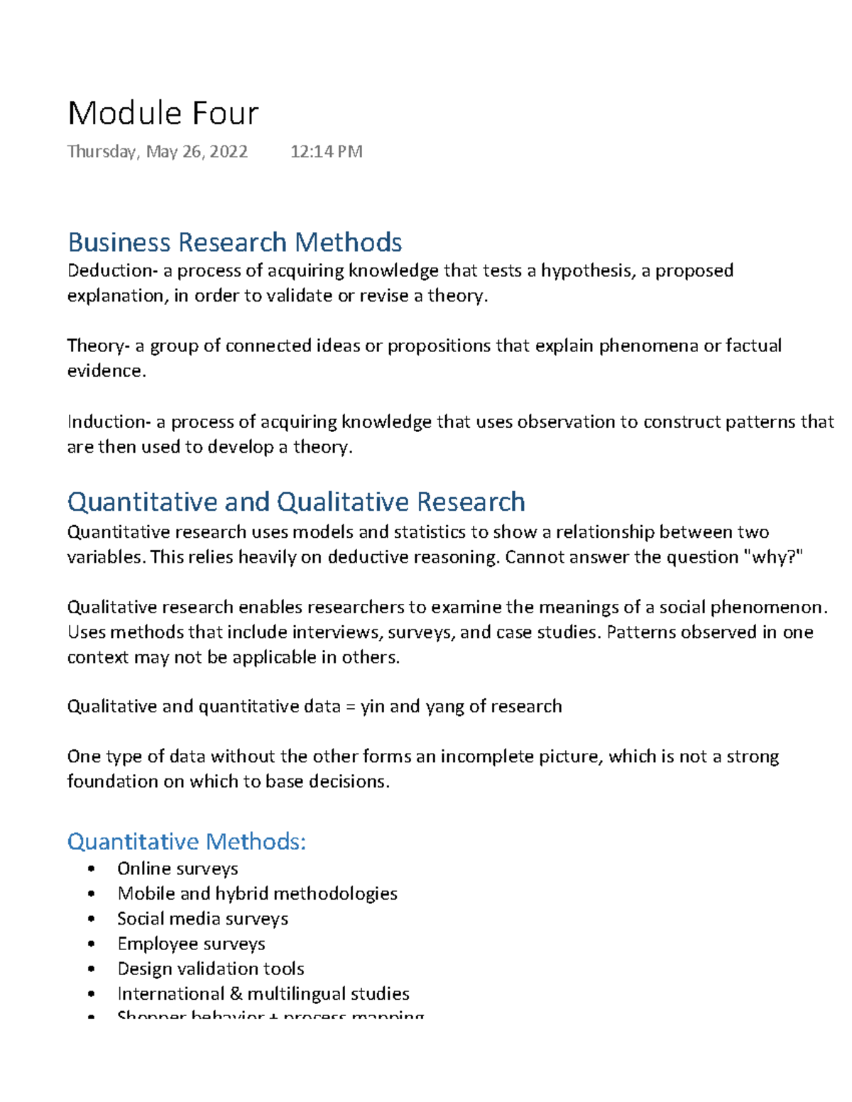 BUS 225 Module Four Notes - Business Research Methods Deduction- a ...