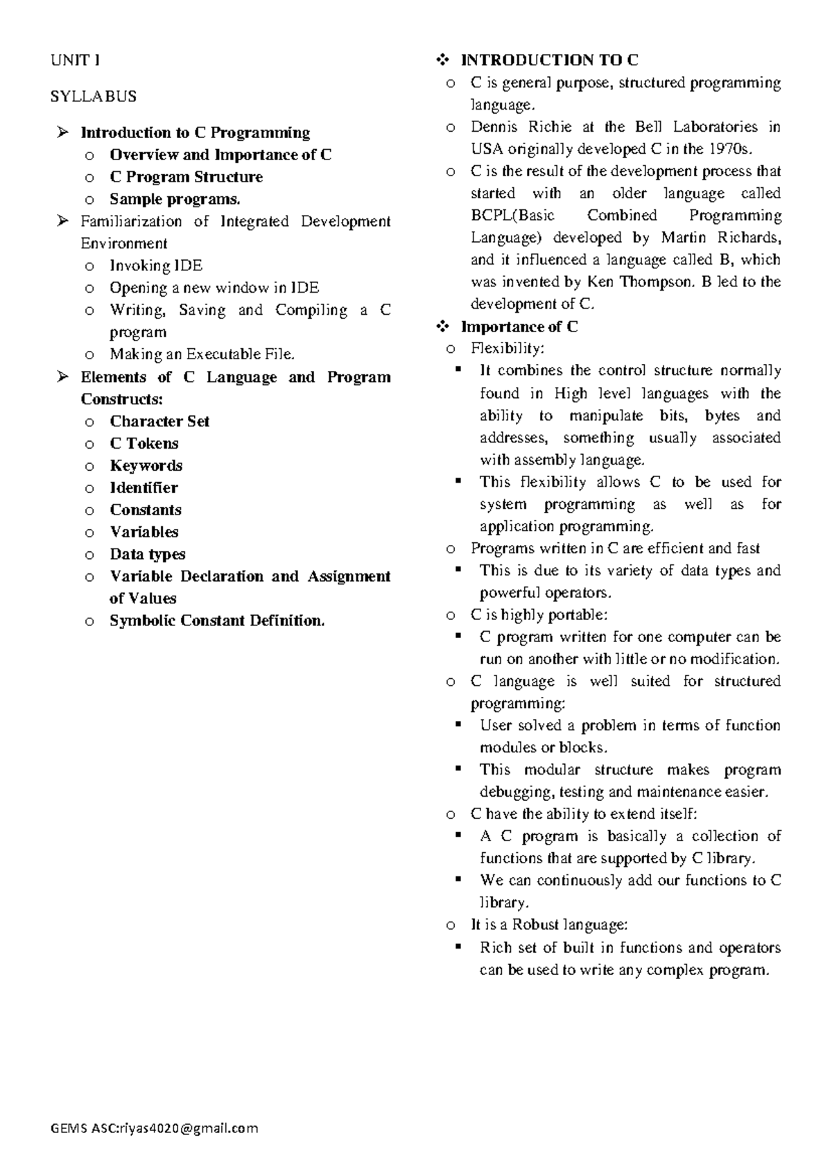 UNIT 1 - notesss - UNIT I SYLLABUS Introduction to C Programming o ...