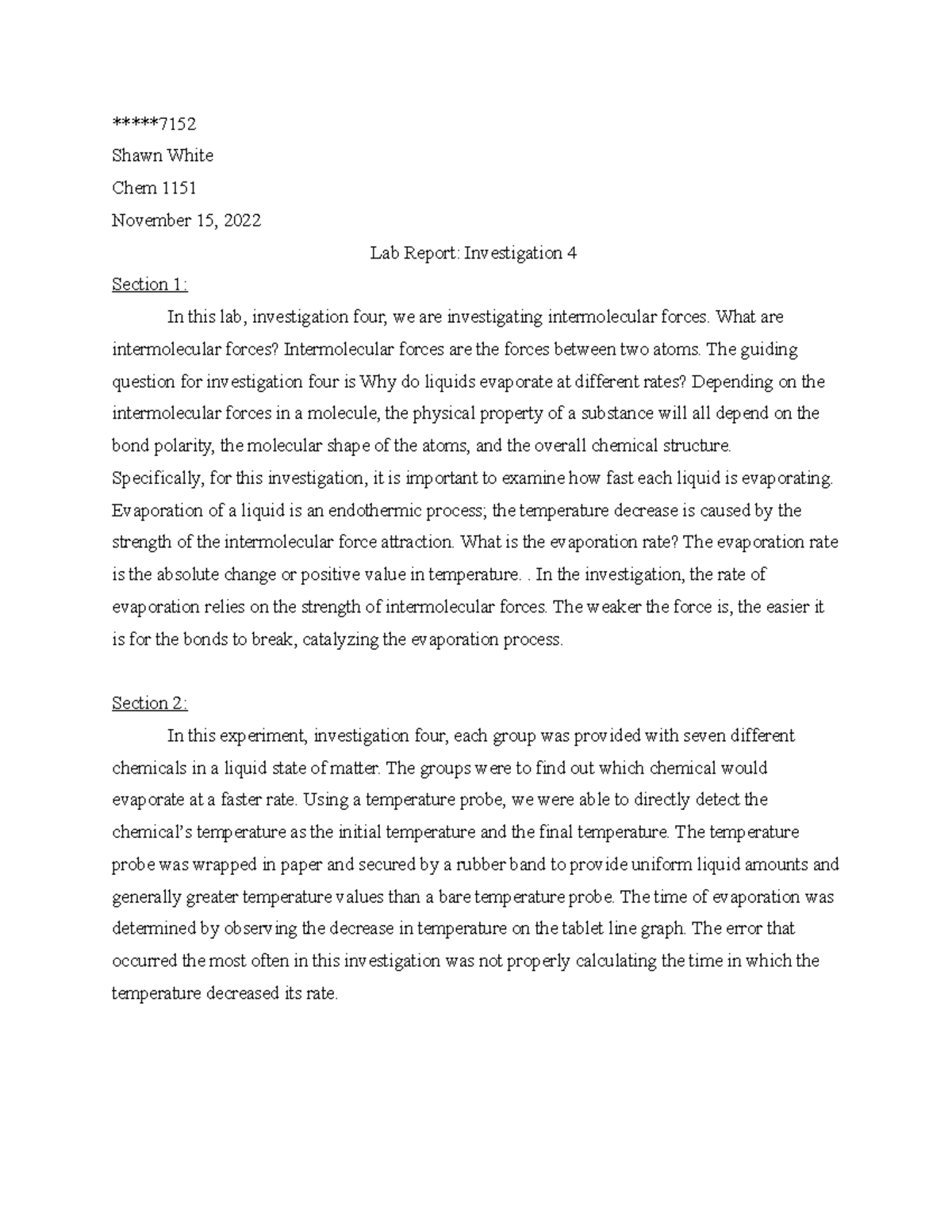 Lab Report - Investigation 4 - ***** Shawn White Chem 1151 November 15 ...