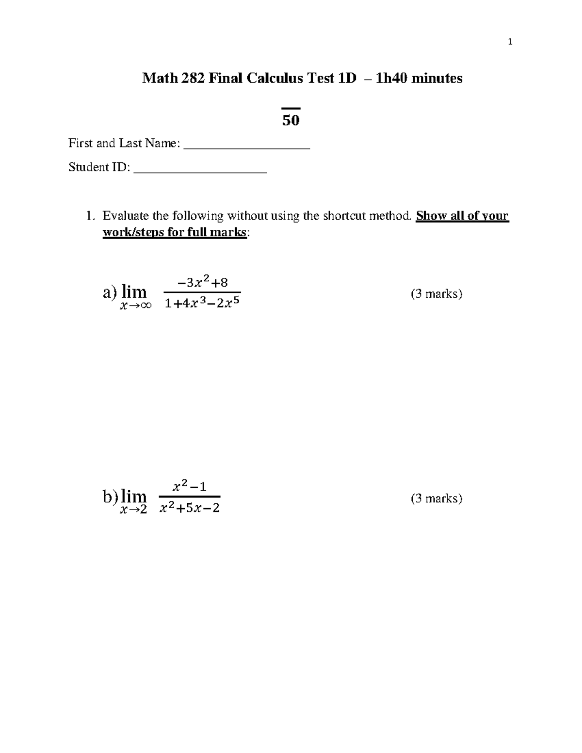 Test 1D - Math 282- fall2021 - Math 282 Final Calculus Test 1D – 1h40 ...