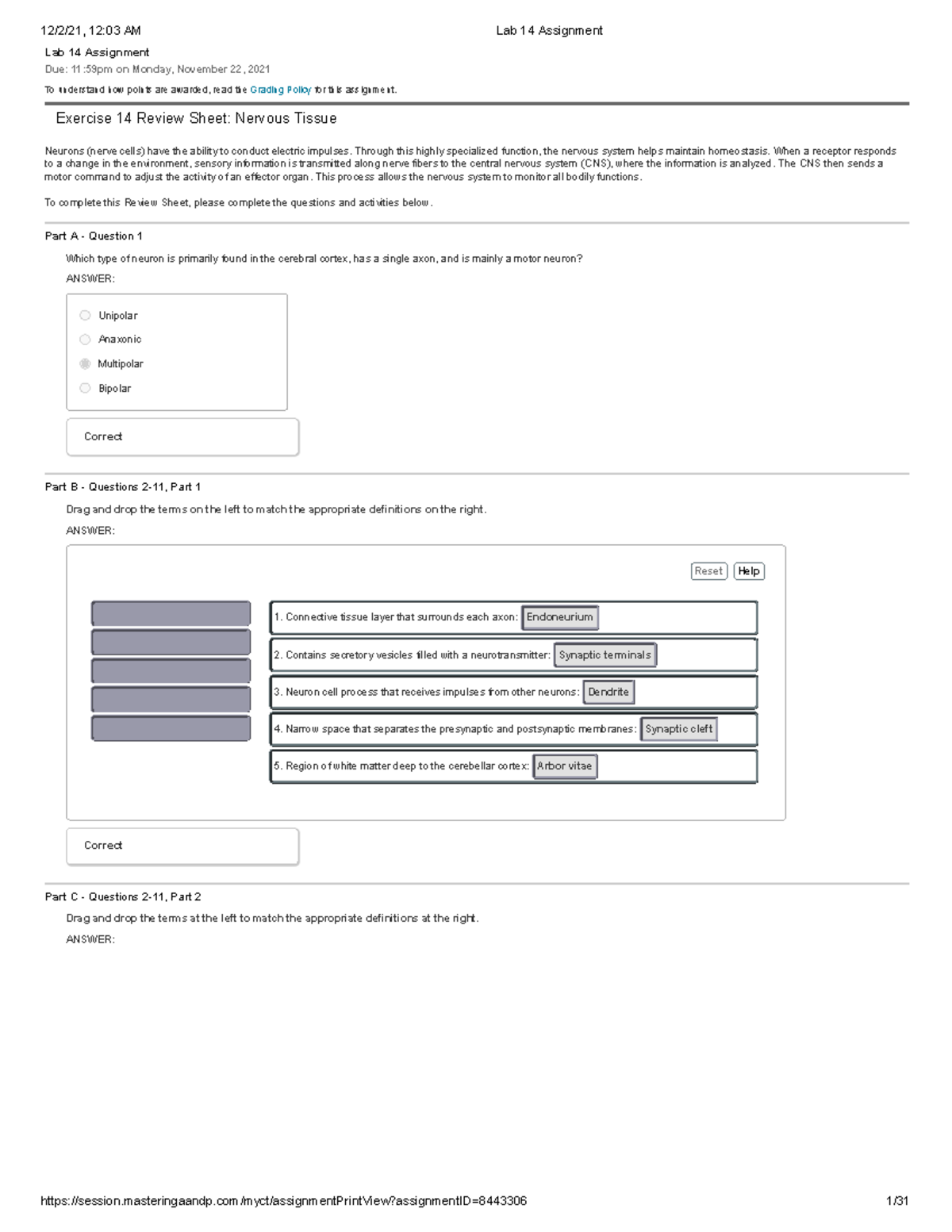 Lab 14 Assignment. Anatomy & Physiology I L/L BIOL 220 Pearson - Lab 14 ...