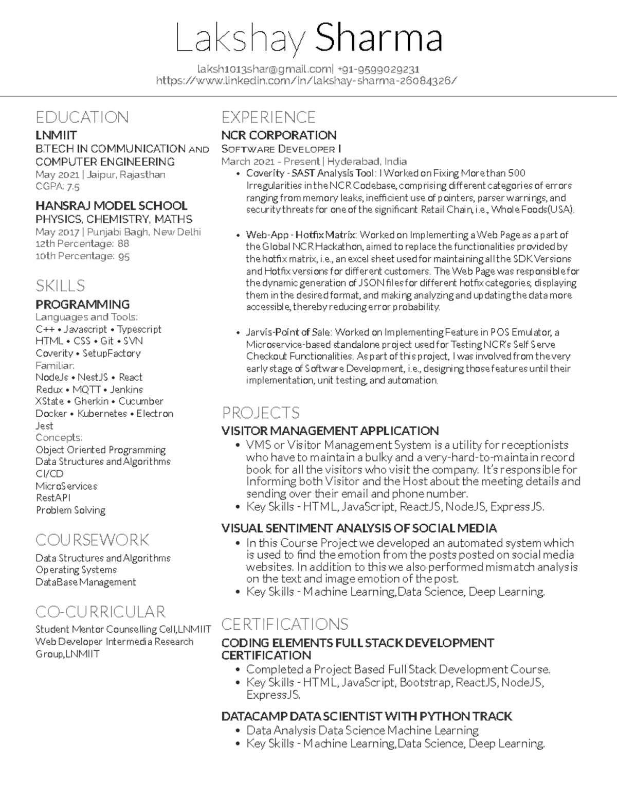 Lakshay Resume 28May - database - Lakshay Sharma laksh1013shar@gmail| +91- - Studocu