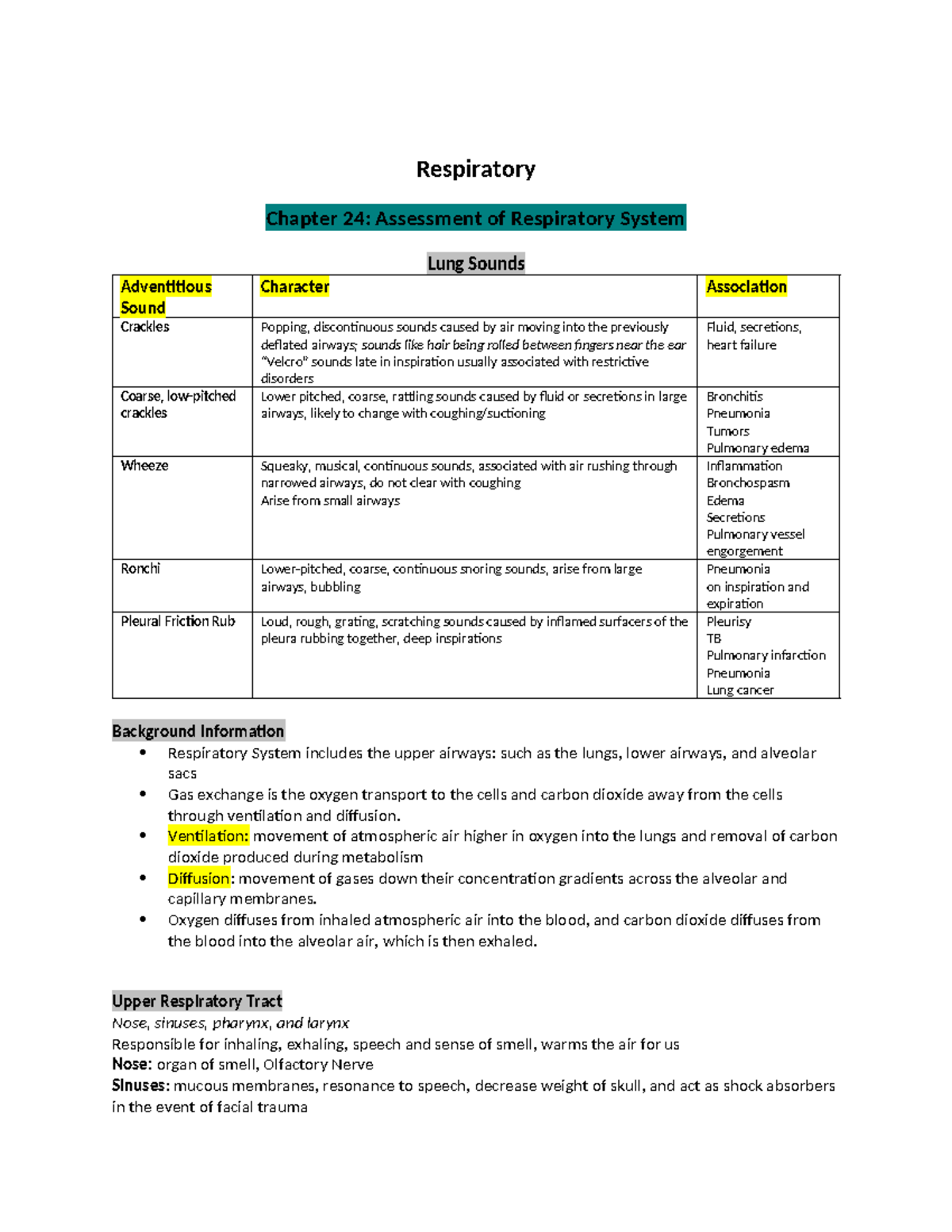 Respiratory study guide - Respiratory Chapter 24: Assessment of ...