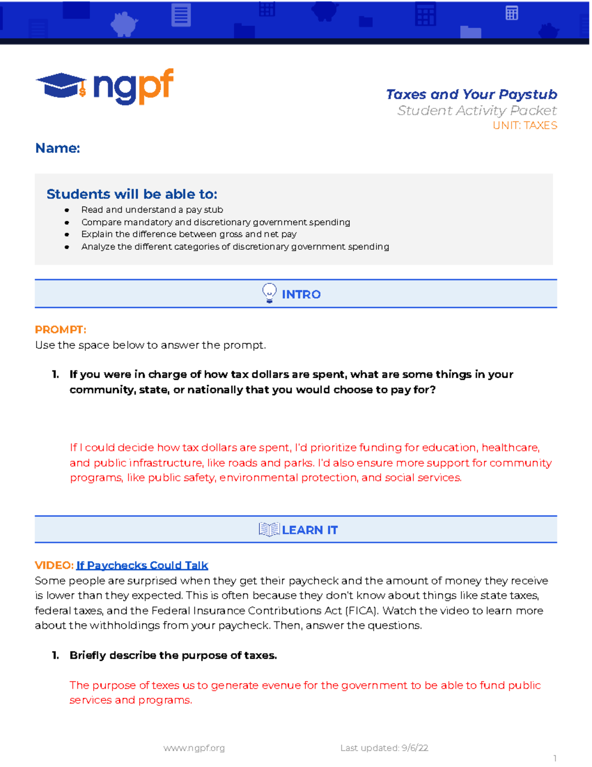 Copy of Copy of Taxes and Your Paystub Student Activity Packet - Taxes ...
