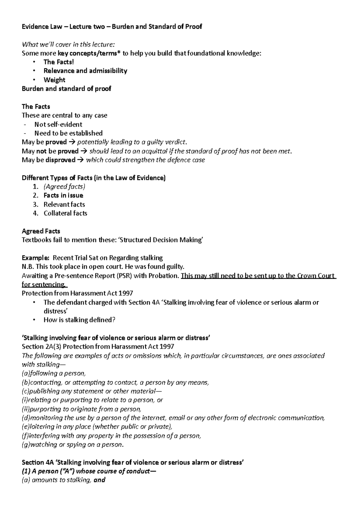 Evidence Law Lecture 2 - Evidence Law – Lecture two – Burden and ...