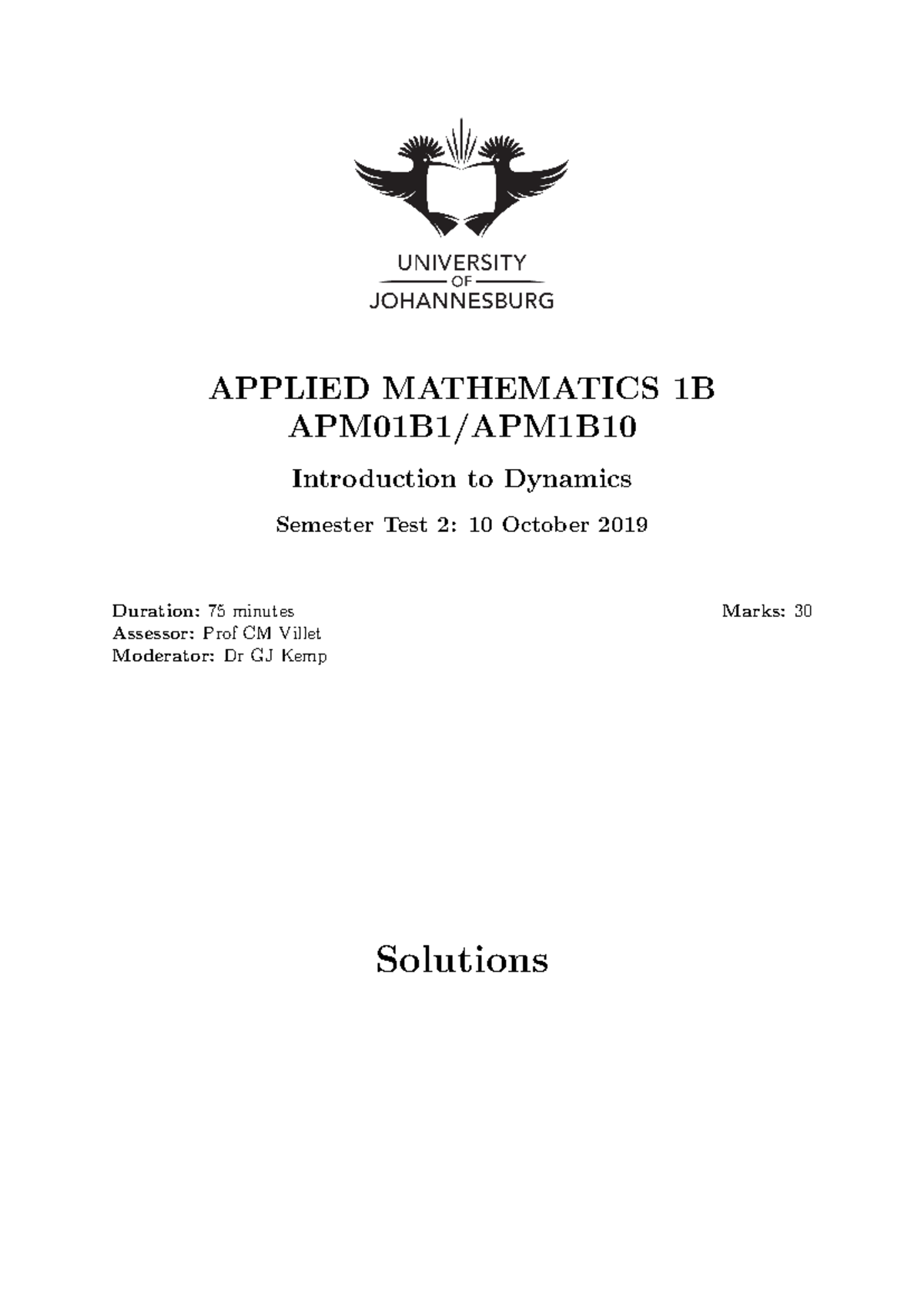 2019 apm1b st2 - 2019 SEMESTER 2 TEST 2 - APPLIED MATHEMATICS 1B ...