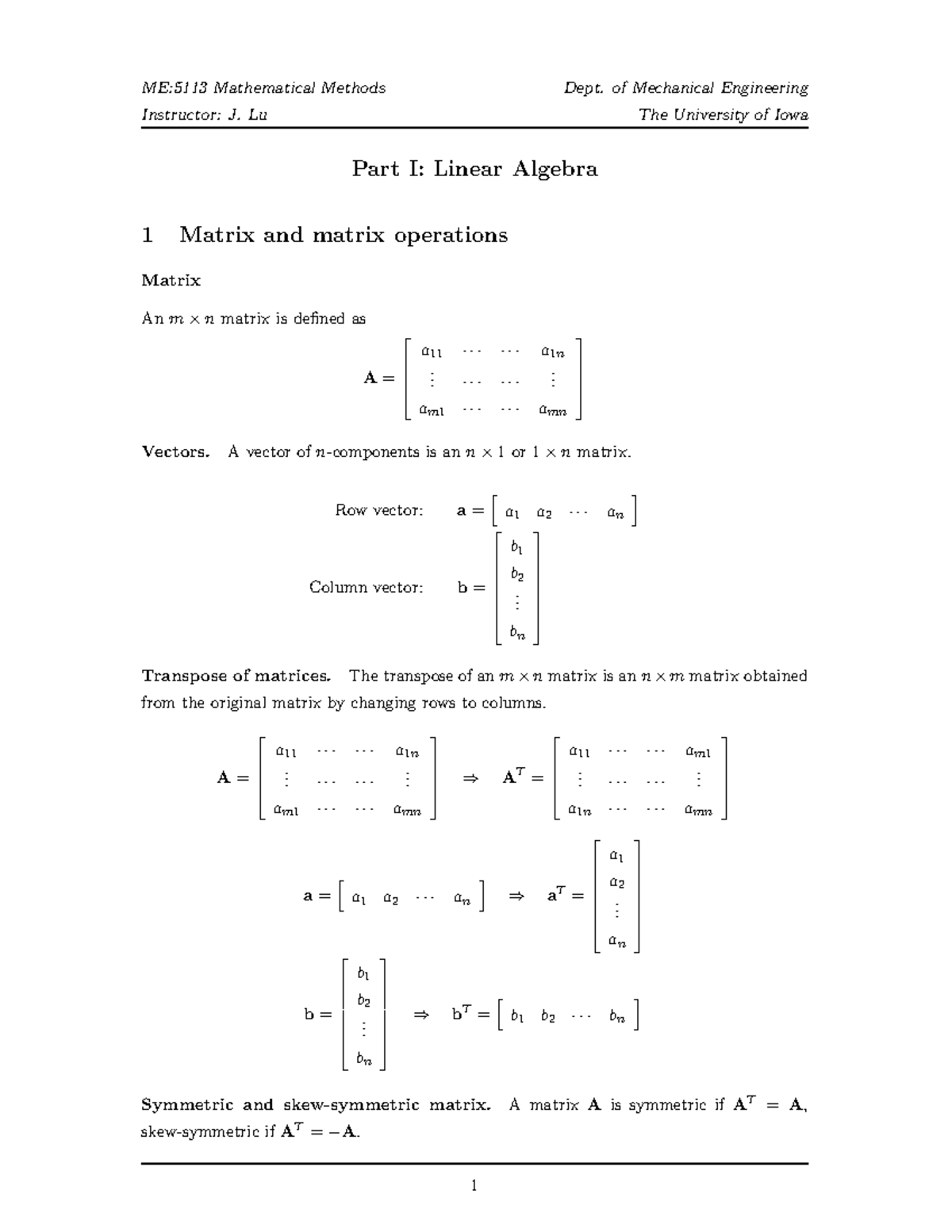 Part I -Linear algebra - Lecture notes - ME:5113 Mathematical Methods ...