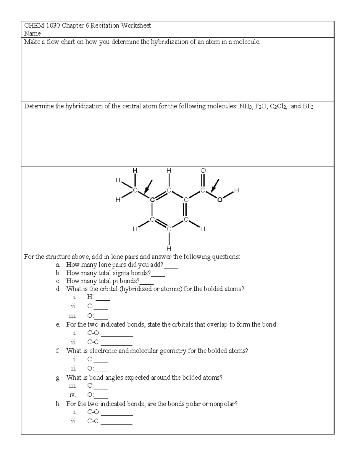 Ch6 Recitation Sheet - CHEM 1030 Chapter 6 Recitation Worksheet Name ...