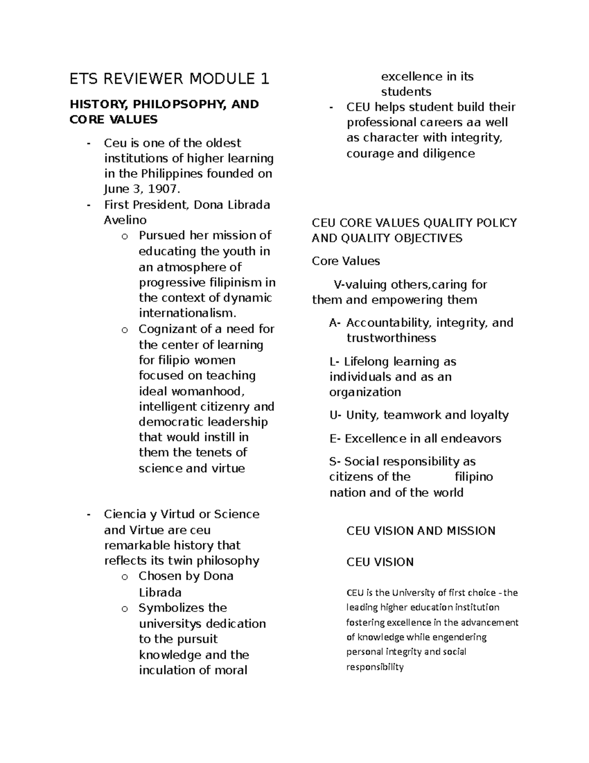 ETS Reviewer - none - ETS REVIEWER MODULE 1 HISTORY, PHILOPSOPHY, AND CORE VALUES - Ceu is one ...