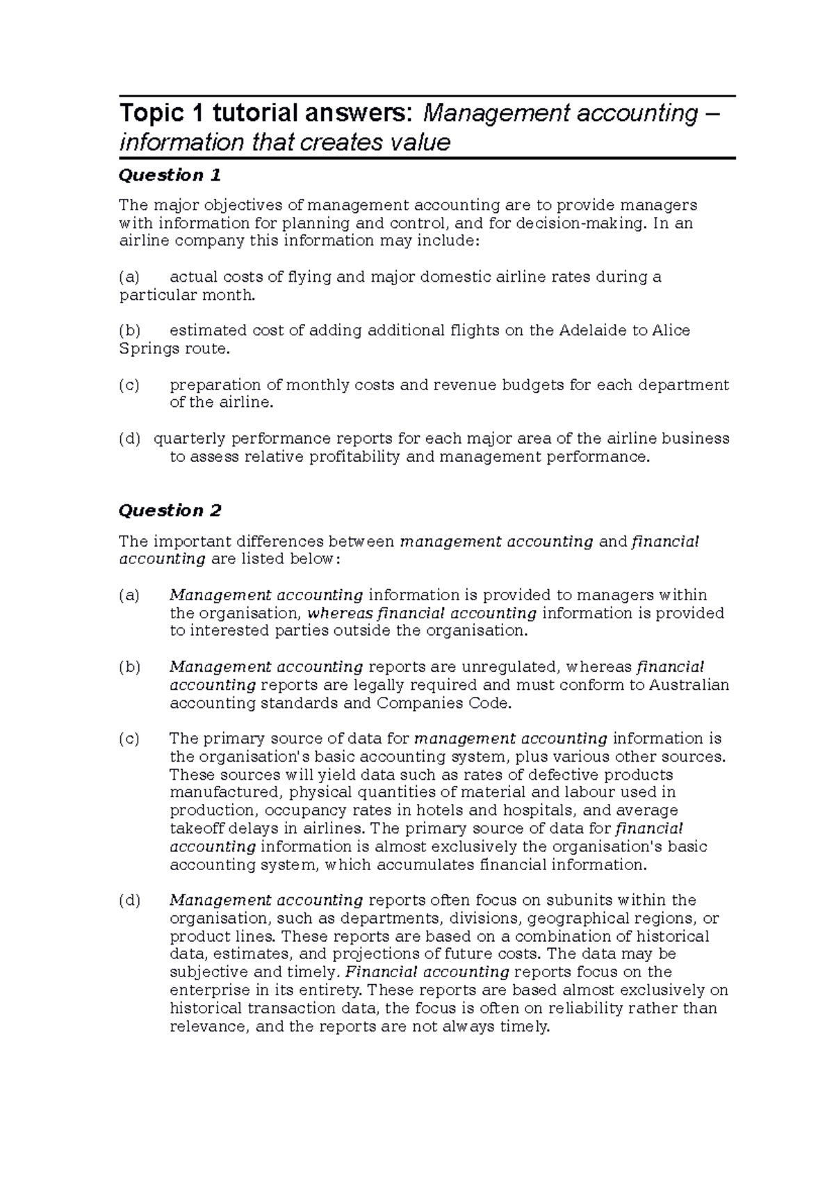 12264 topic 1 ans - Topic 1 tutorial answers: Management accounting ...
