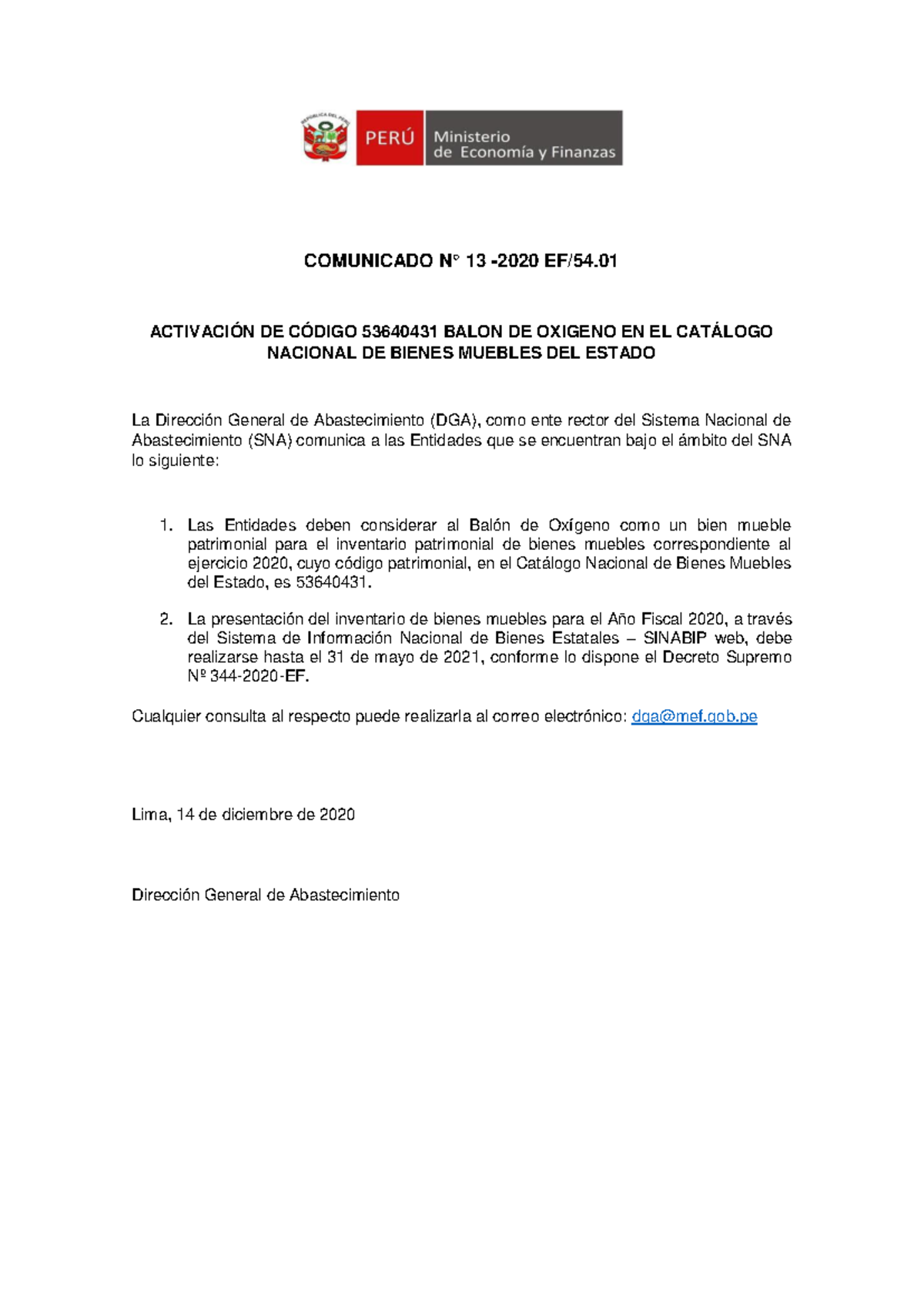 Comunicado 13 2020-DGA-MEF (balon de oxigeno) - COMUNICADO N° 13 - 2020 EF/54. ACTIVACIÓN DE ...