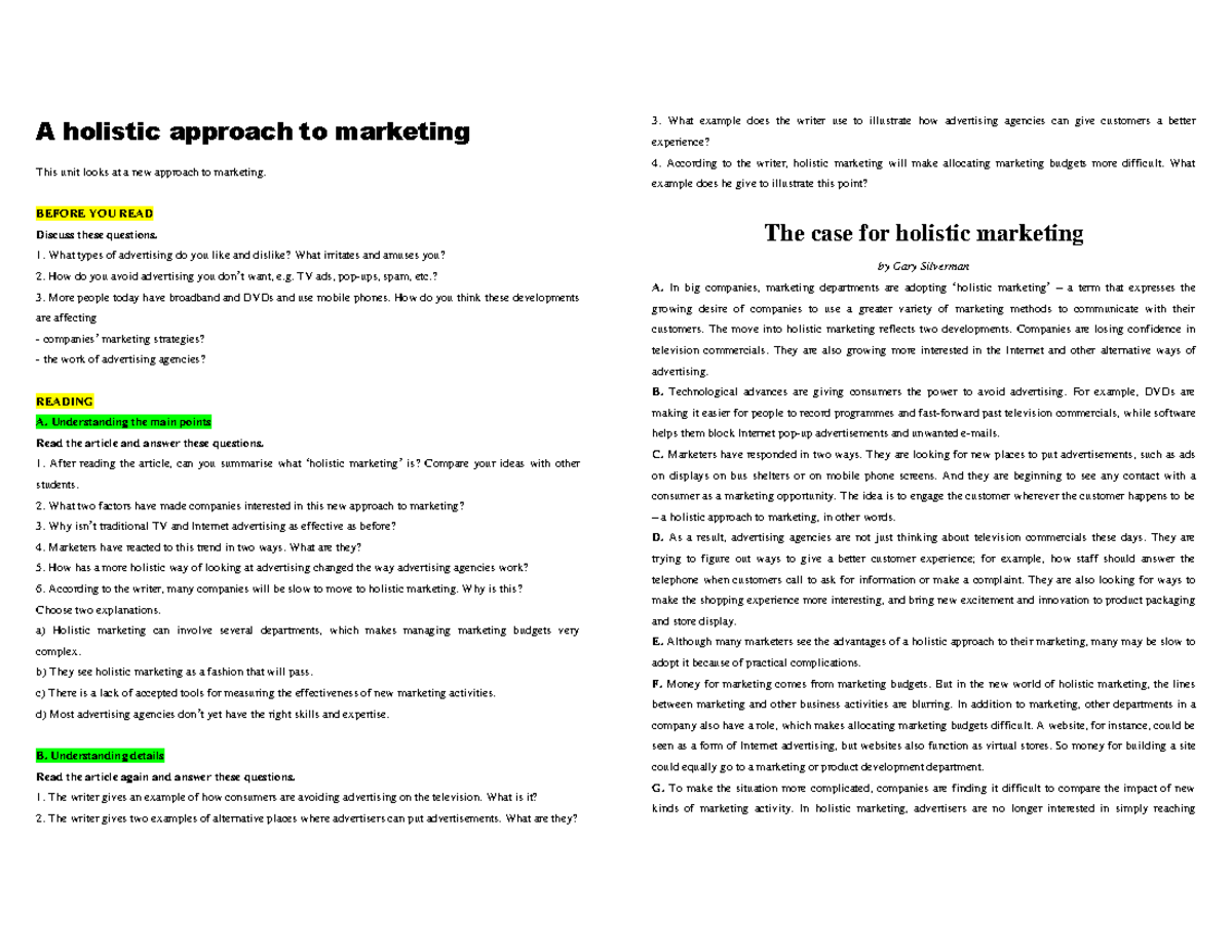 Reading Materials HP2CTTT - A holistic approach to marketing This unit ...