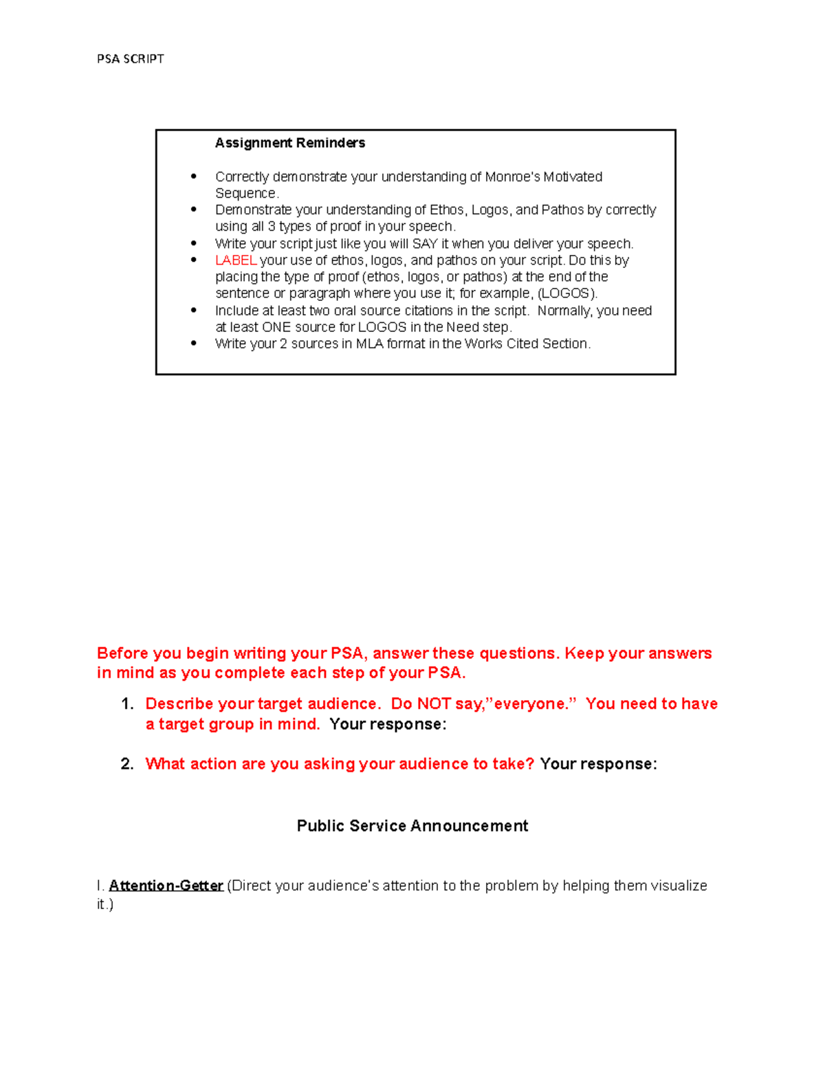 Script Assignment for the Persuasive Commercial - PSA SCRIPT Before you ...