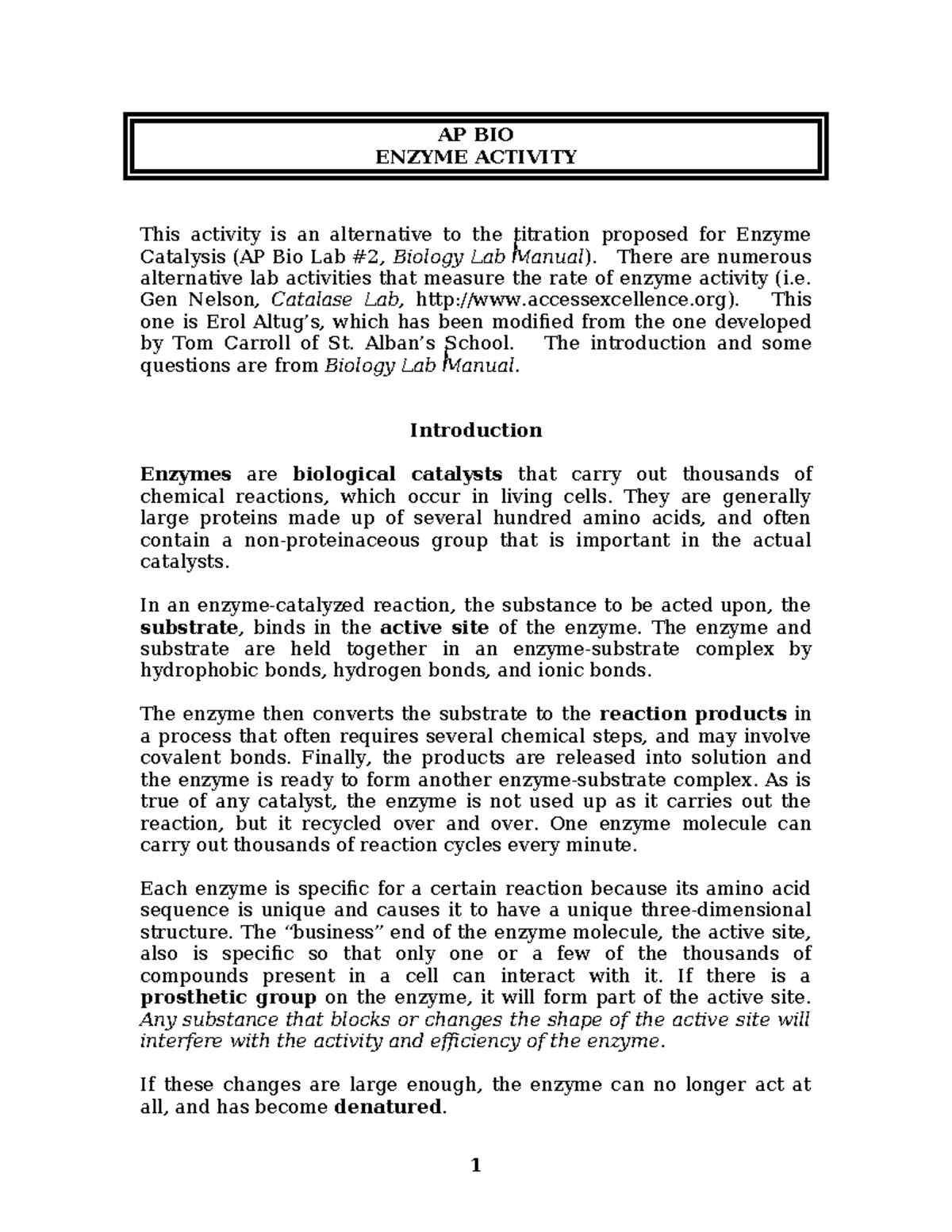 Ap bio enzyme Catalase Lab AP - AP BIO ENZYME ACTIVITY This activity is ...