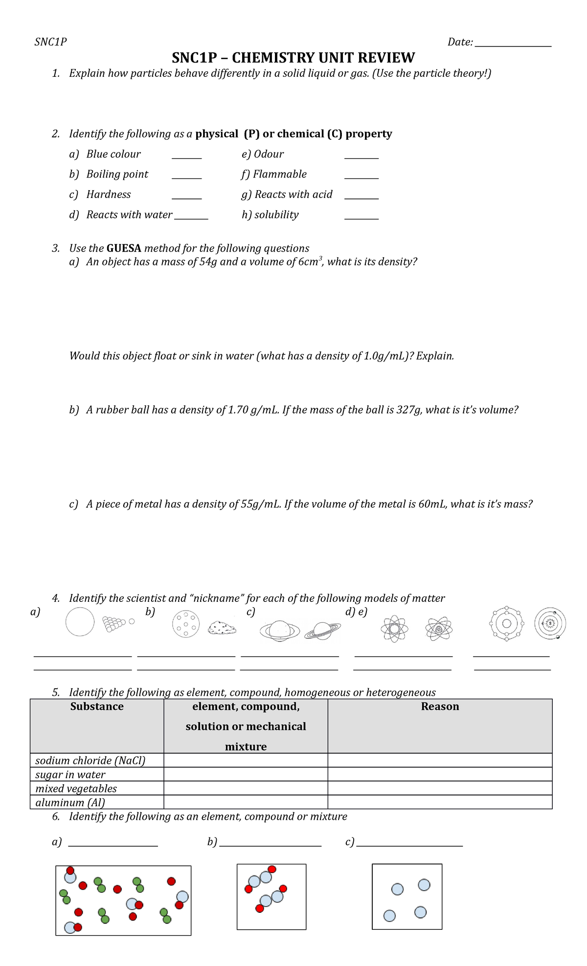 16 - Chemistry Unit Review - SNC1P Date: __________________ SNC1P ...