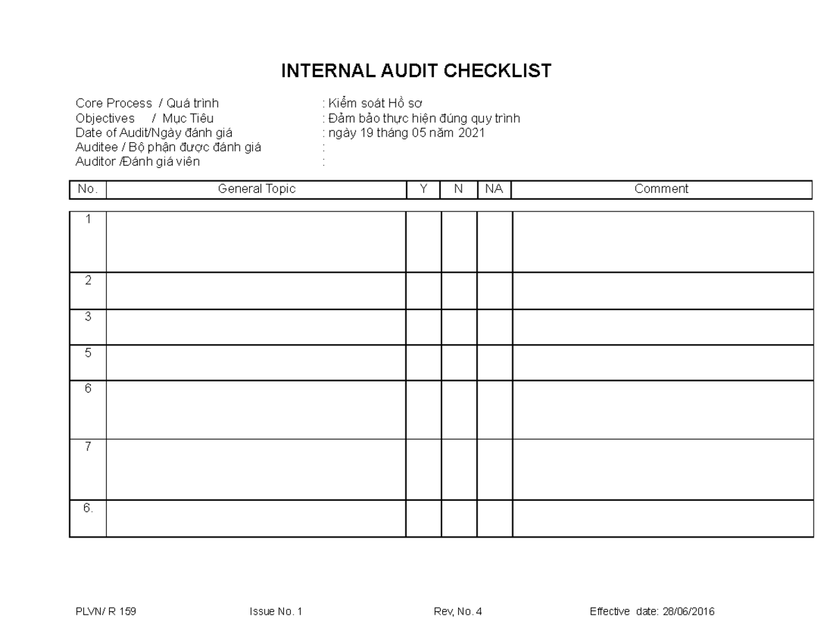 Internal Audit Checklist - INTERNAL AUDIT CHECKLIST Core Process / Quá ...