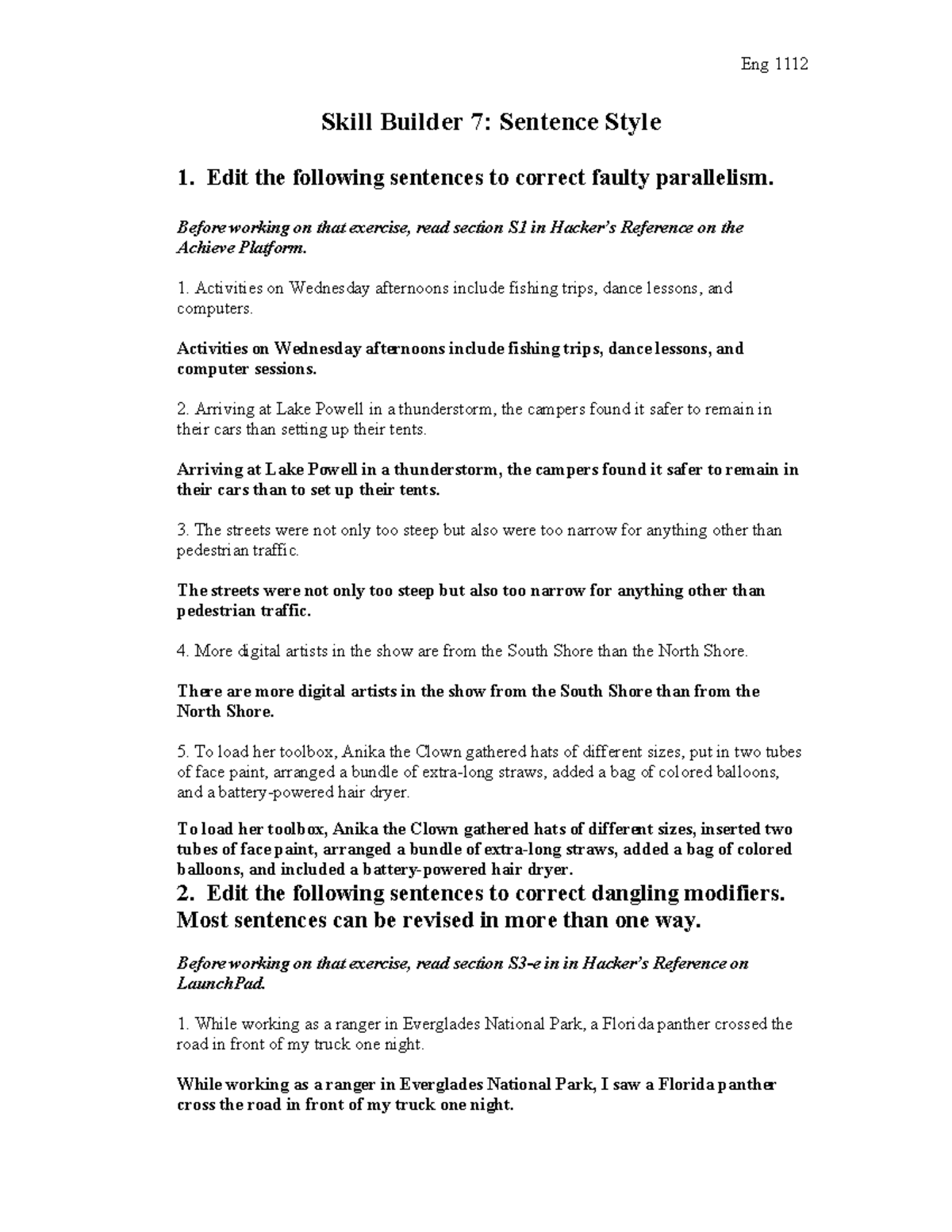 Skill Builder 7 - Answers - Eng 1112 Skill Builder 7: Sentence Style 1 ...