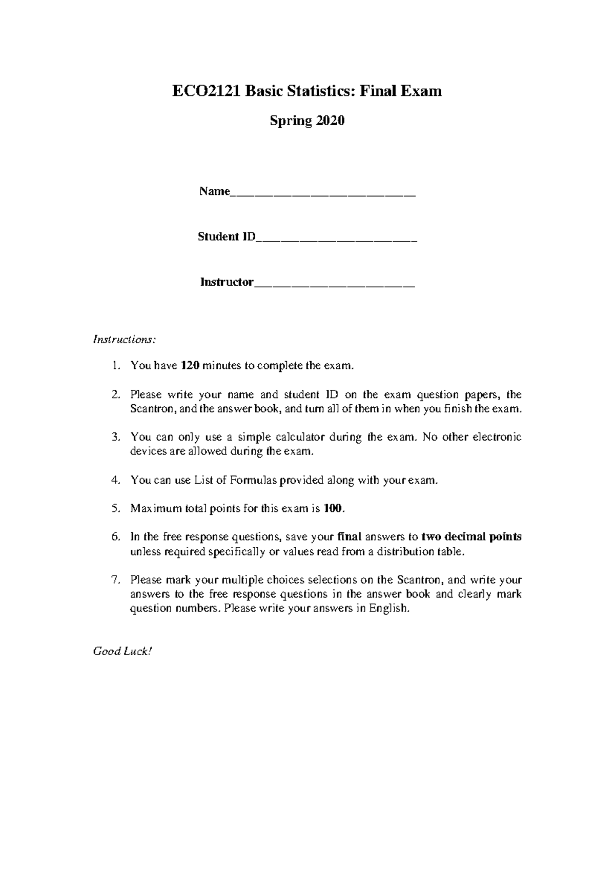 2020 Spring final - Questions - ECO2121 Basic Statistics: Final Exam ...