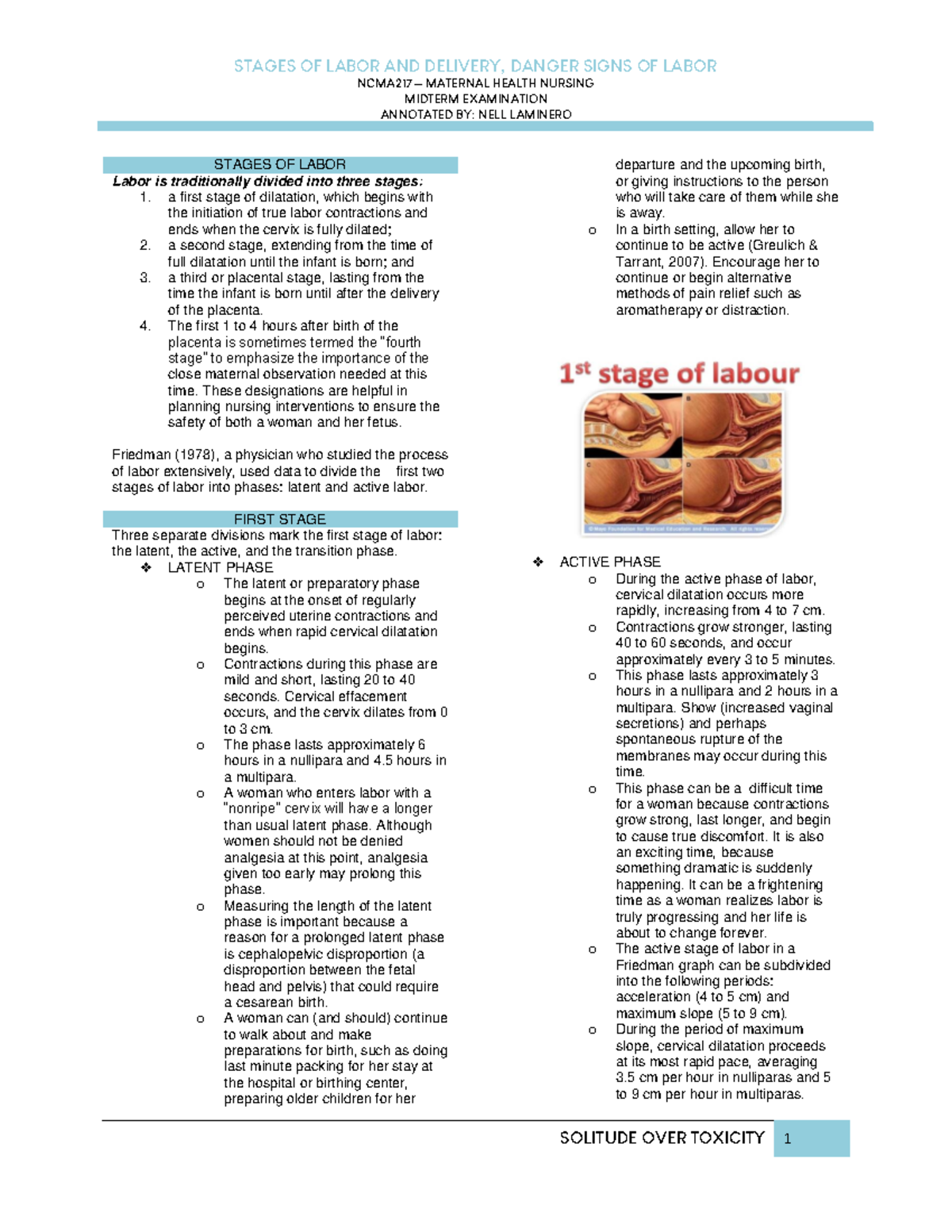 W8 - Stages OF Labor - Reviewer - NCMA217 – MATERNAL HEALTH NURSING ...