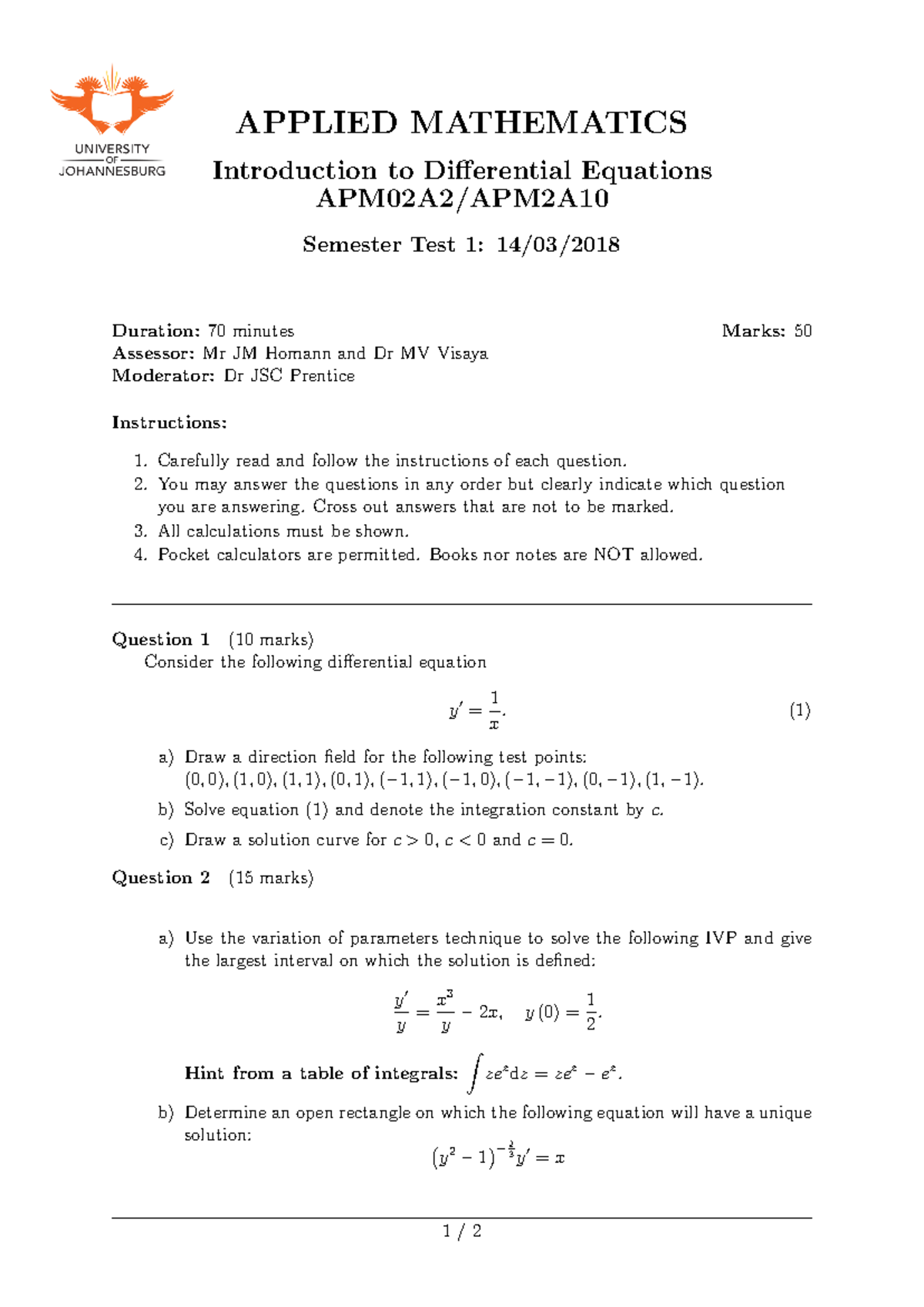 Applied Maths 2018 - Apm2a10 - APPLIED MATHEMATICS Introduction to Differential Equations - Studocu