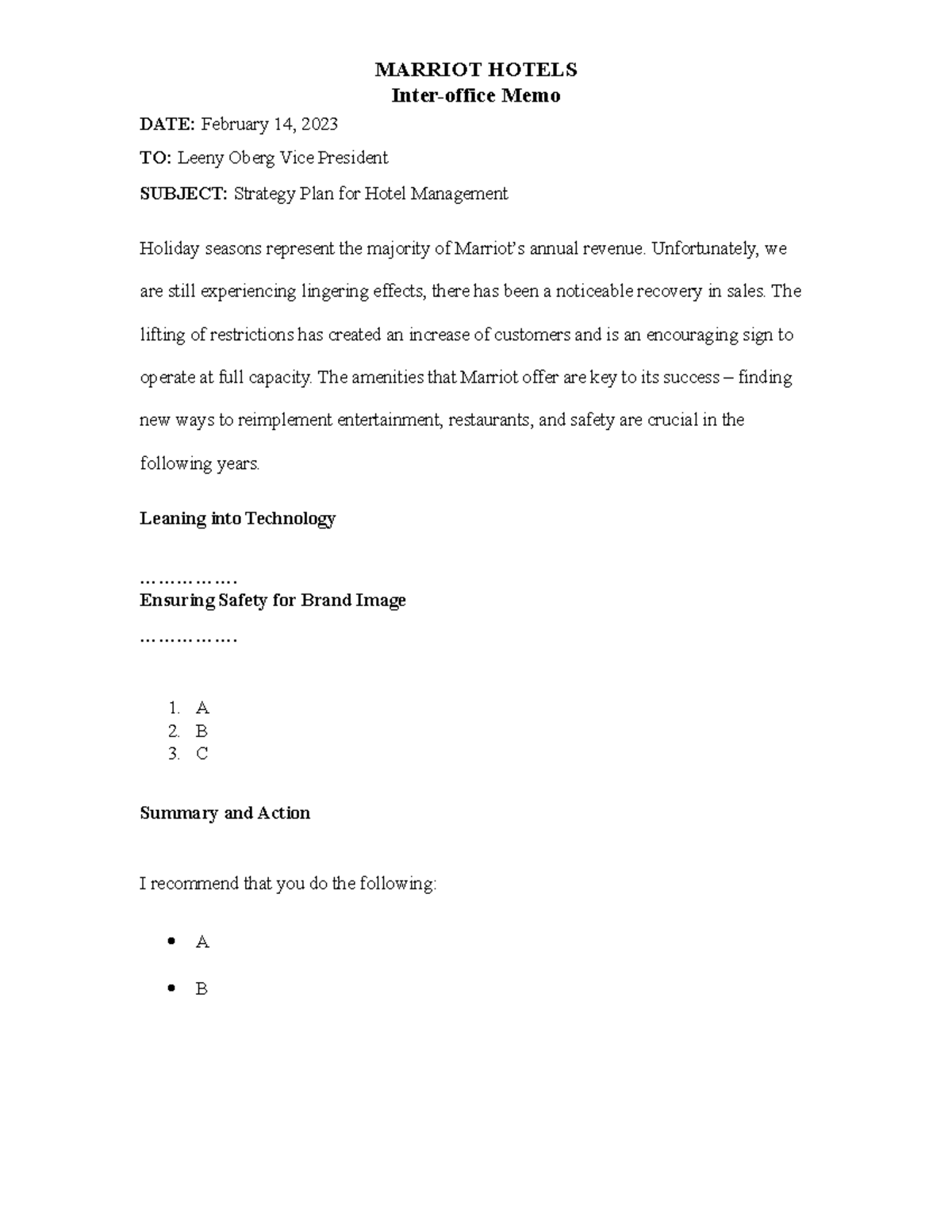 Two Page Memo - Hospitality Industry - MARRIOT HOTELS Inter-office Memo ...