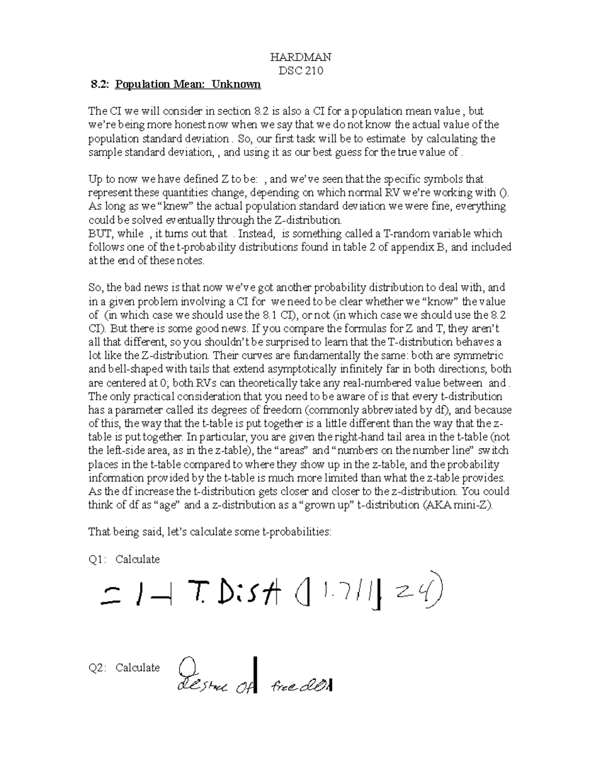 Chapter 8.2 notes - HARDMAN DSC 210 8: Population Mean: Unknown The CI ...